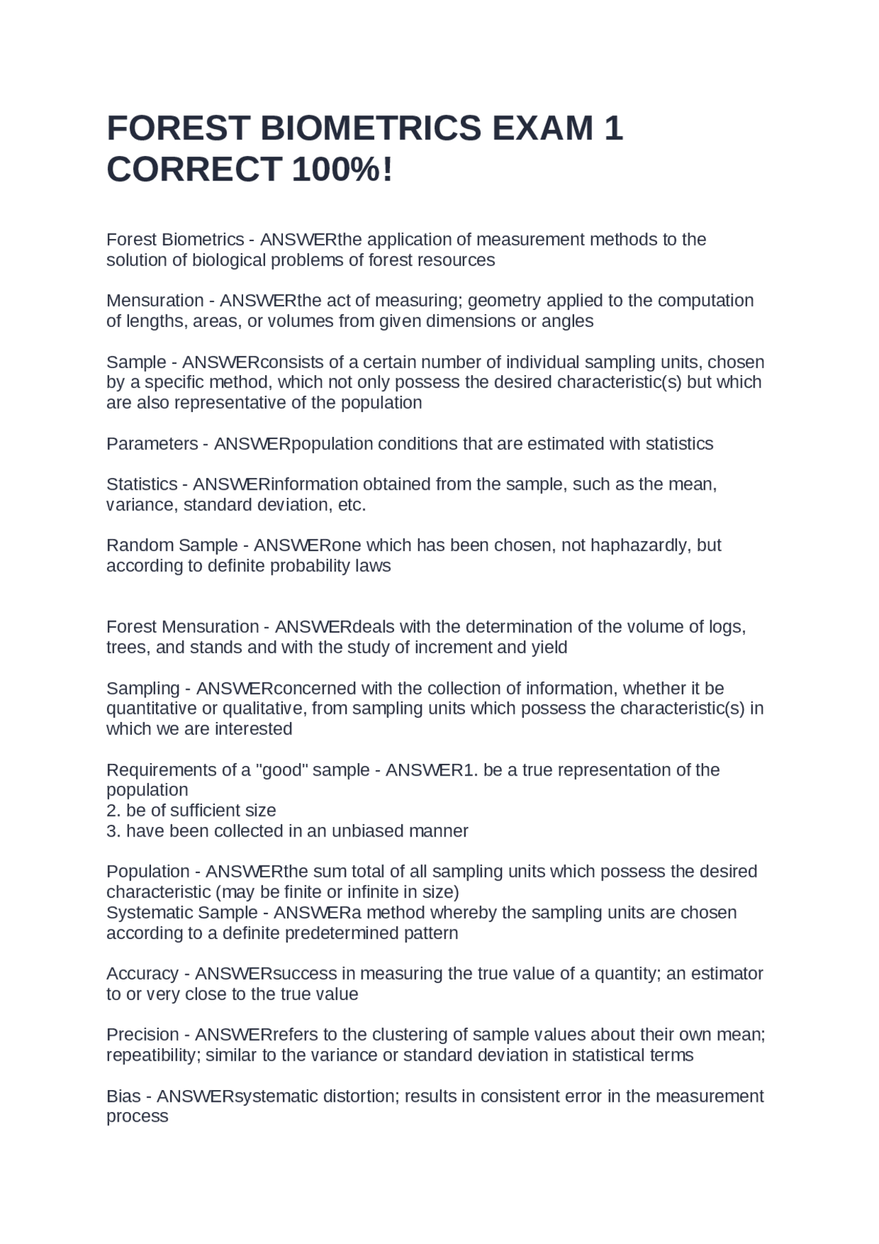 Forest Biometrics Exam 1: Definitions and Concepts | Exams Forensics ...