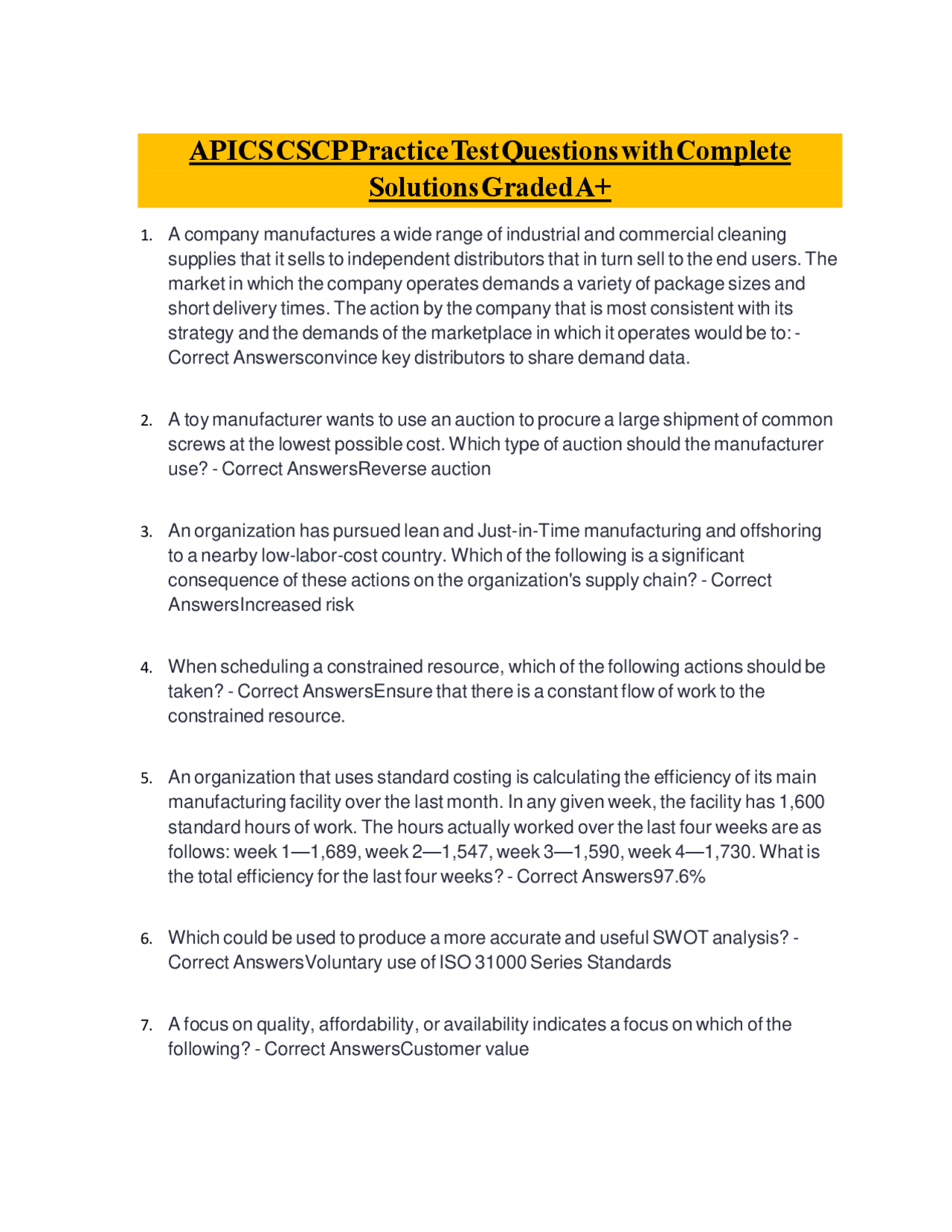 APICS CSCP Practice Test Questions with Complete Solutions Graded A+ ...