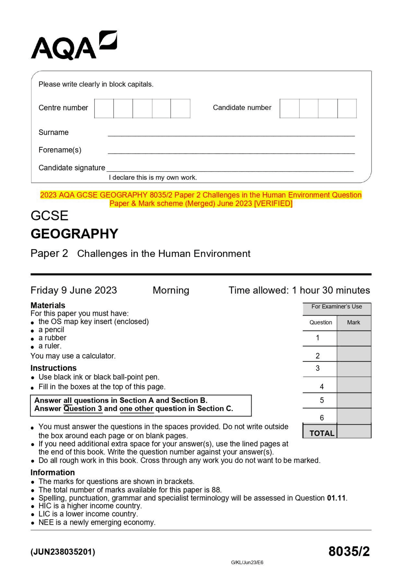 AQA GCSE GEOGRAPHY 8035/2 Paper 2 Challenges in the Human Environment ...