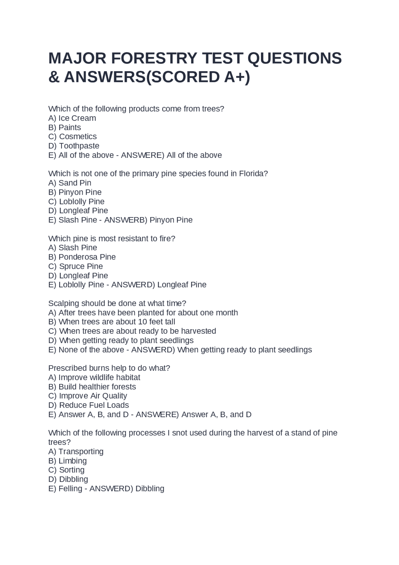 MAJOR FORESTRY TEST QUESTIONS & ANSWERS(SCORED A+) | Exams Forestry ...