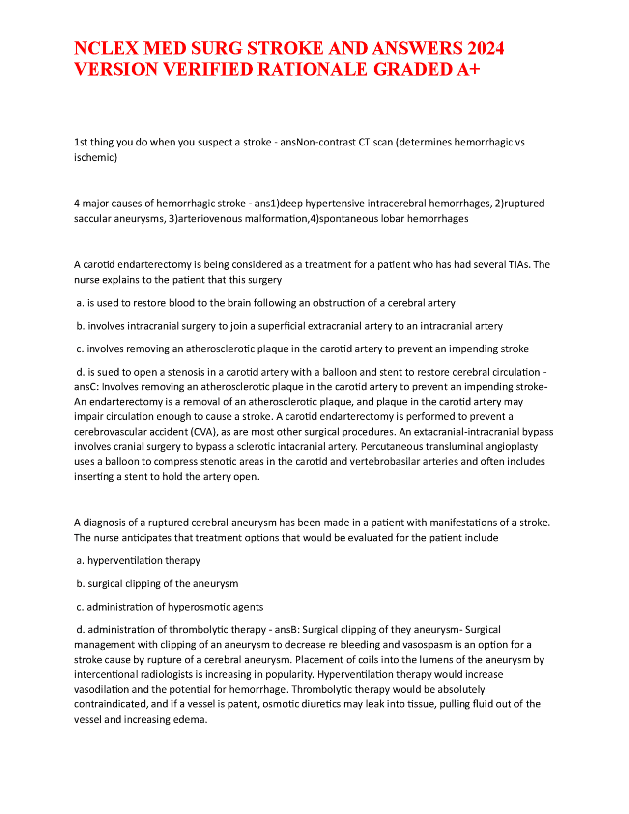 NCLEX MED SURG STROKE AND ANSWERS 2024 VERSION VERIFIED RATIONALE ...