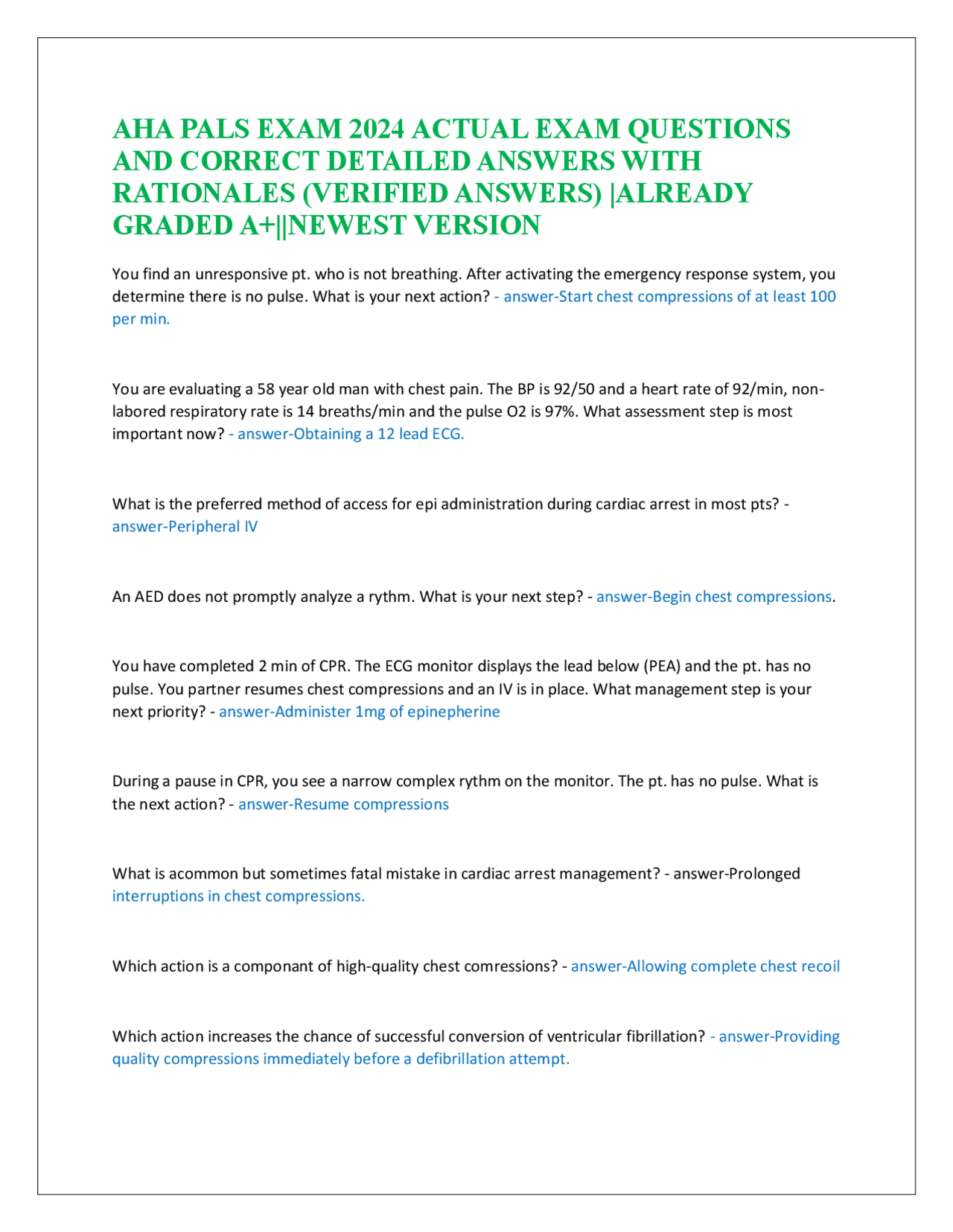 AHA PALS EXAM 2024 ACTUAL EXAM QUESTIONS AND CORRECT DETAILED ANSWERS ...