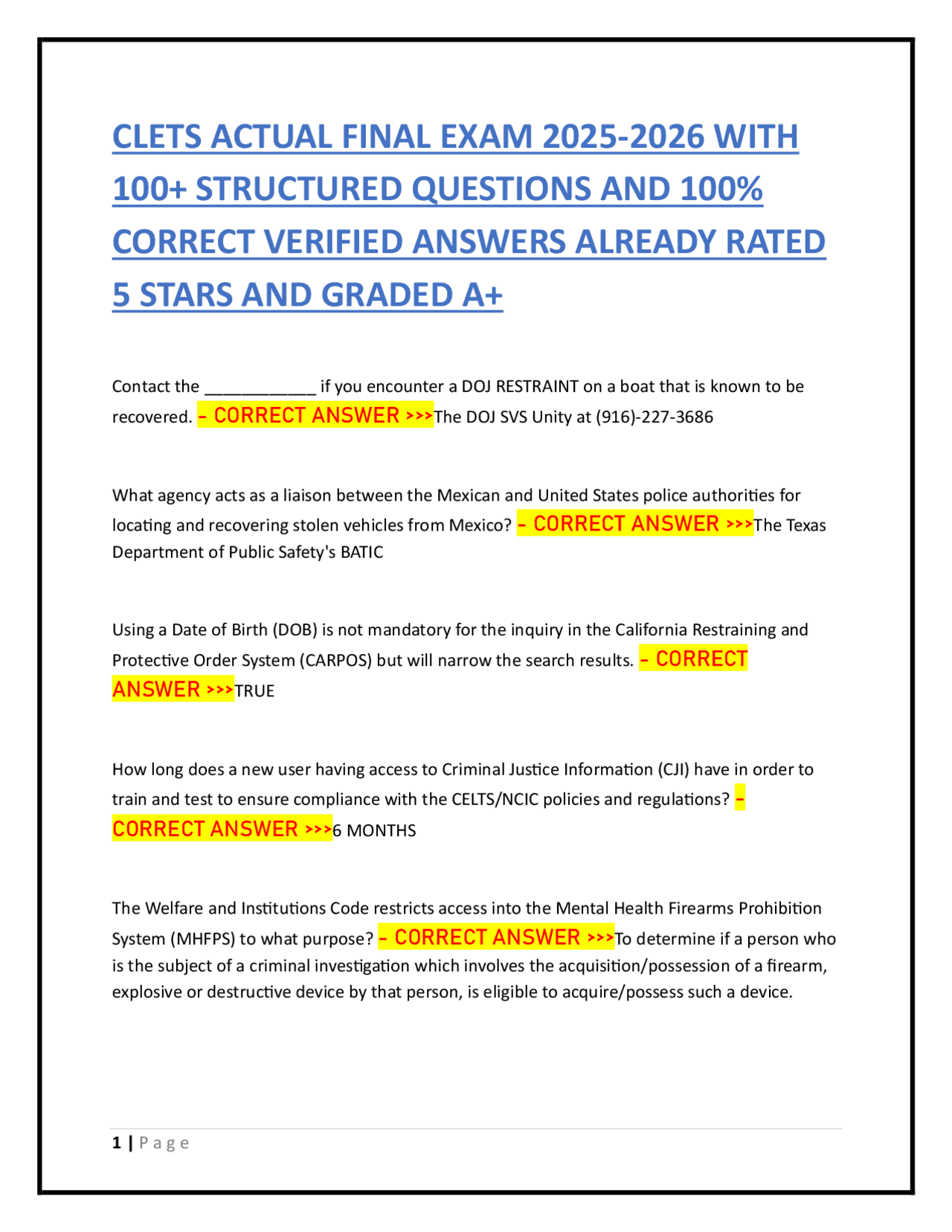 CLETS ACTUAL FINAL EXAM 2025-2026 WITH 100+ STRUCTURED QUESTIONS AND ...