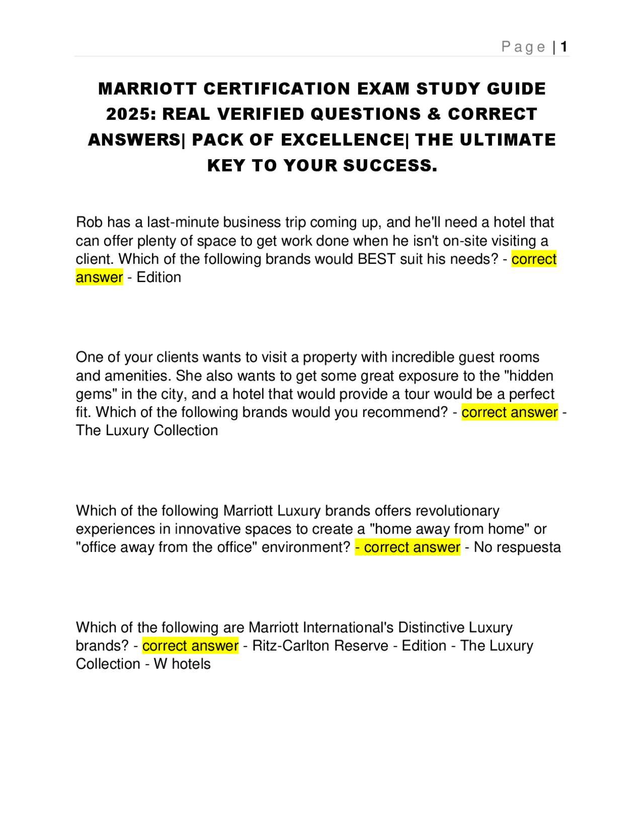 MARRIOTT CERTIFICATION EXAM STUDY GUIDE 2025: REAL VERIFIED QUESTIONS ...