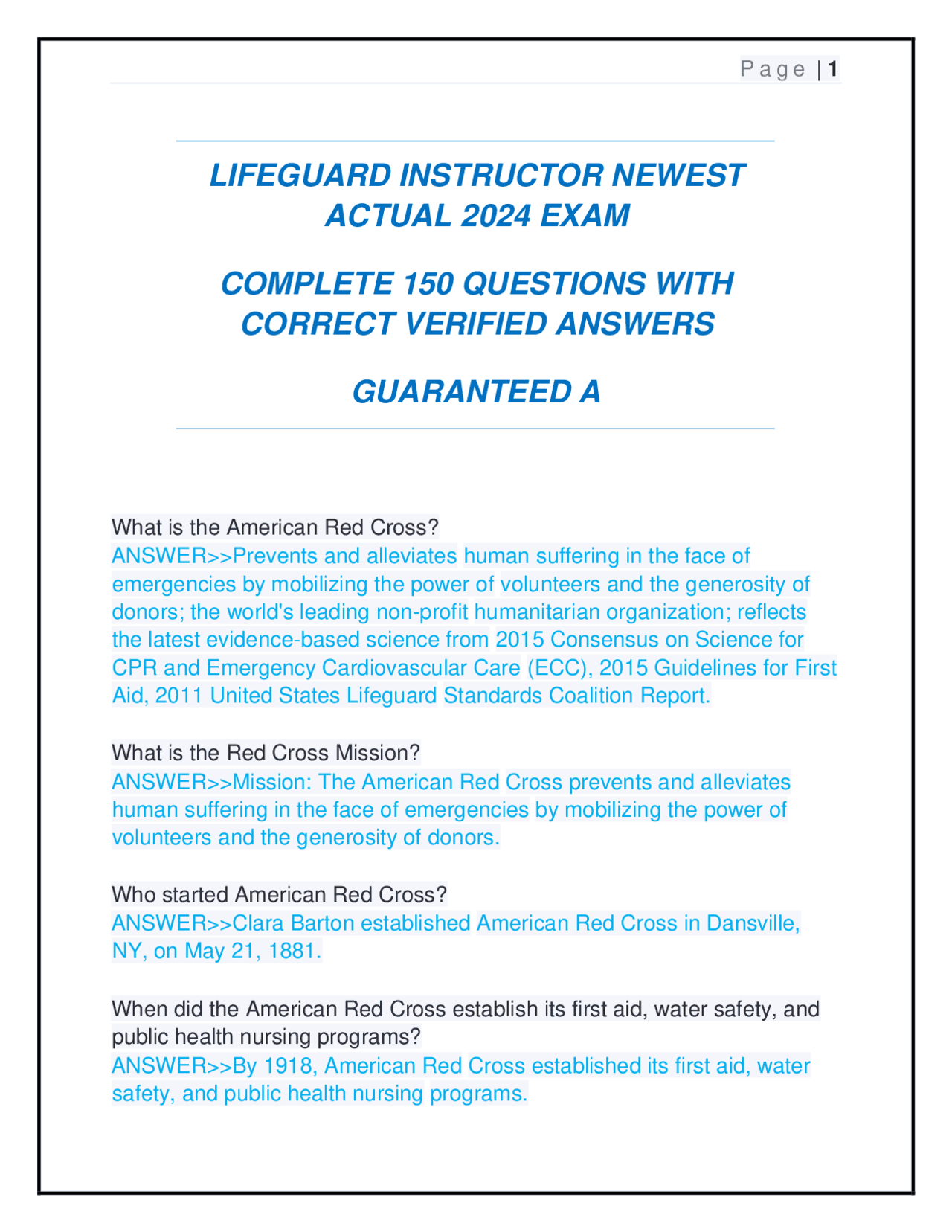 LIFEGUARD INSTRUCTOR NEWEST ACTUAL 2024 EXAM COMPLETE 150 QUESTIONS ...