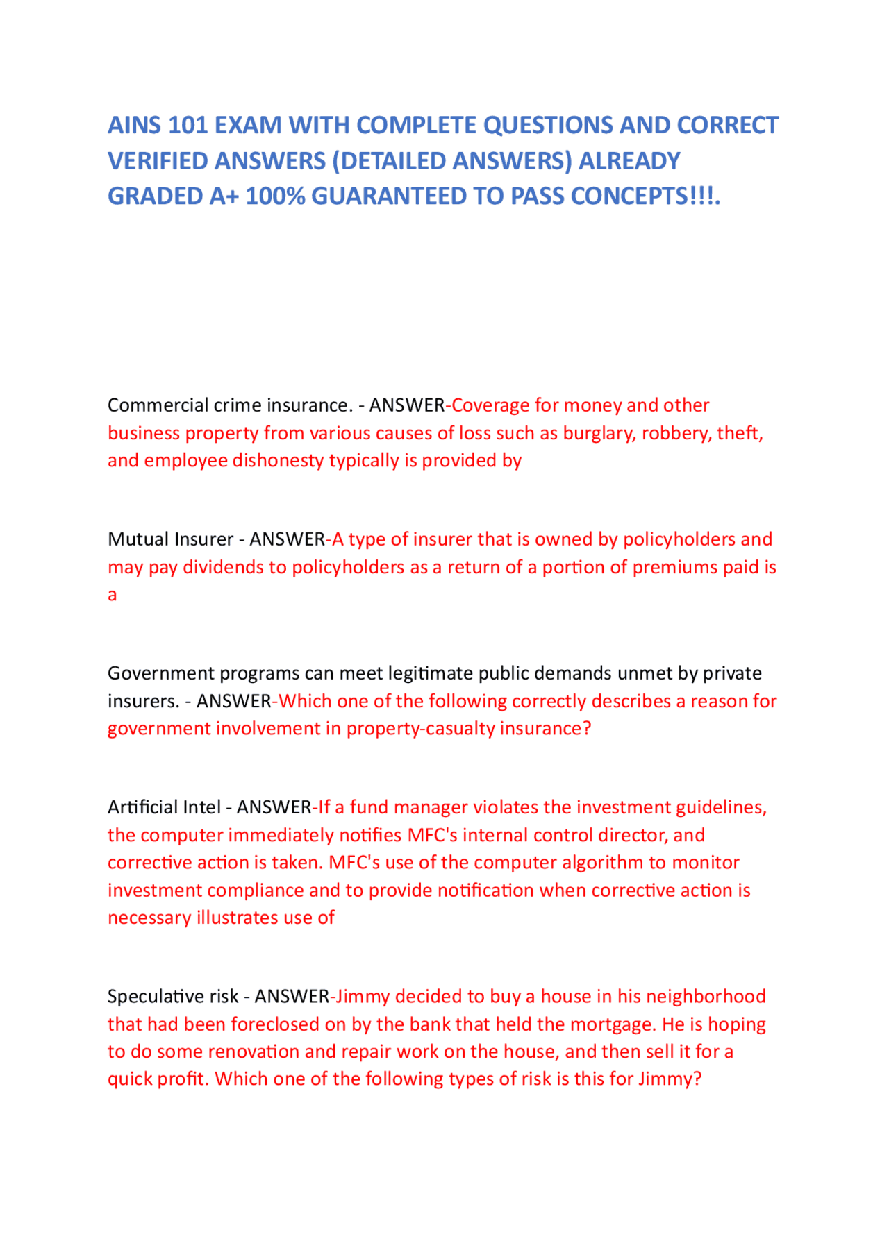 AINS 101 EXAM WITH COMPLETE QUESTIONS AND CORRECT VERIFIED ANSWERS ...
