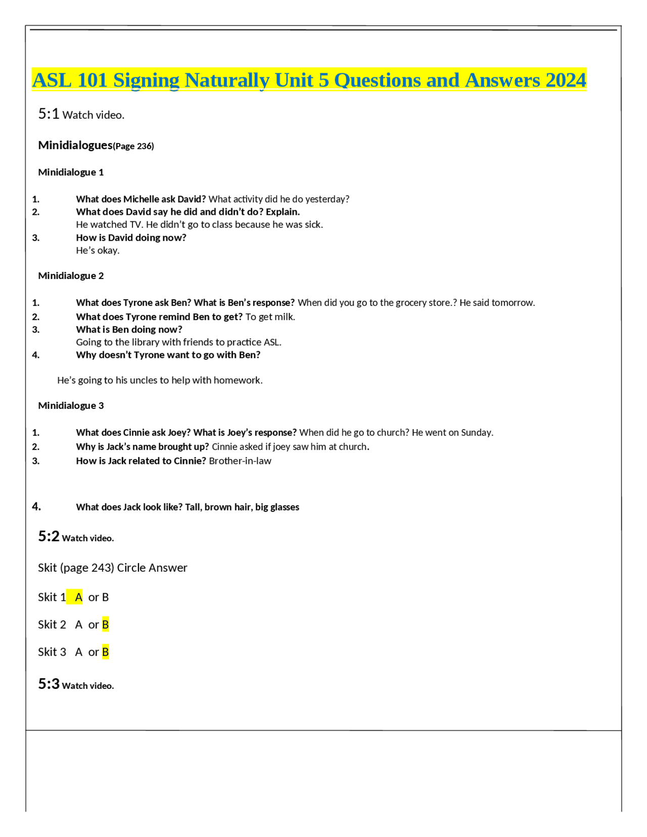 ASL 101 Signing Naturally Unit 5 Questions and Answers 2024 | Exams ...
