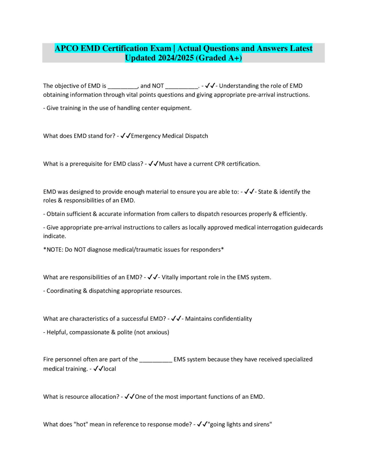 APCO EMD Certification Exam | Actual Questions and Answers Latest ...