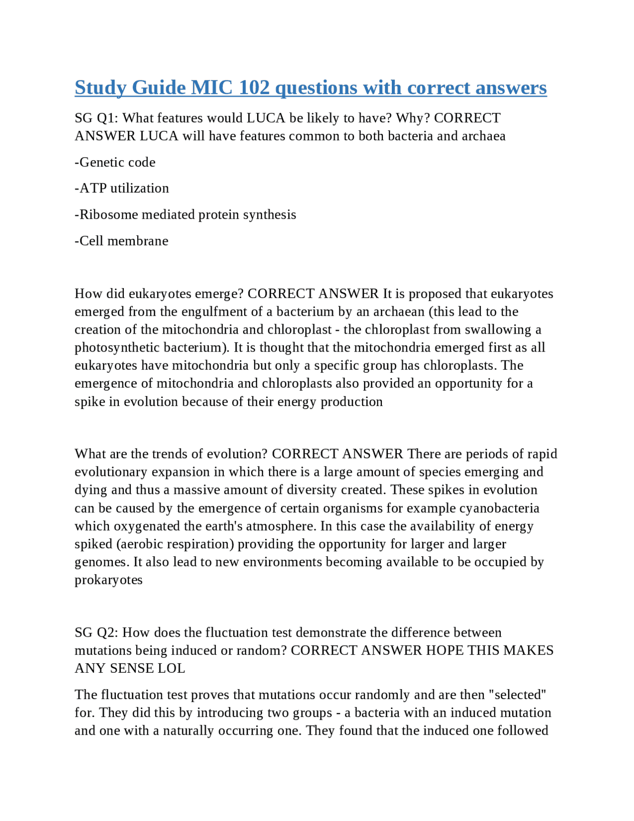 Study Guide MIC 102 questions with correct answers | Exams Microbiology ...