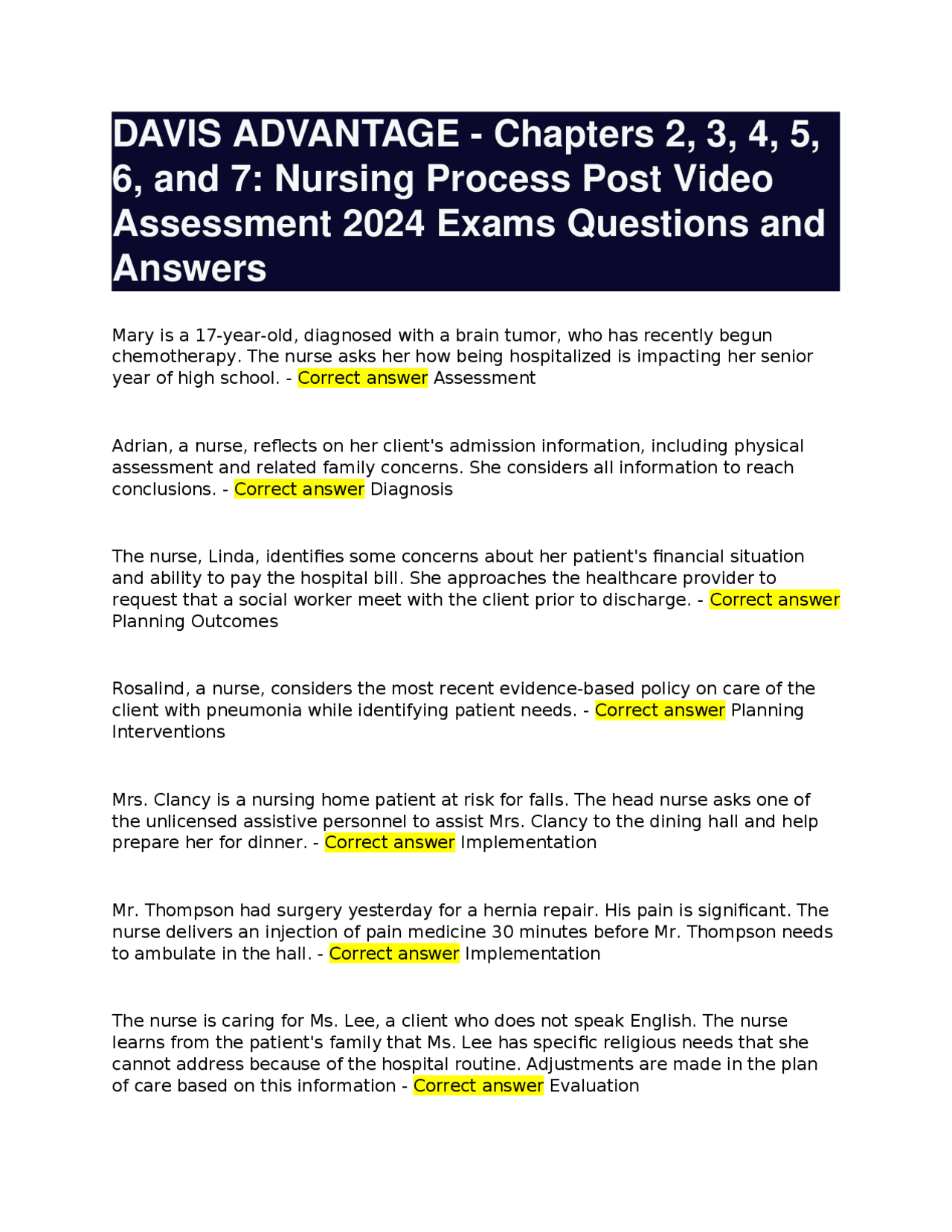 DAVIS ADVANTAGE - Chapters 2, 3, 4, 5, 6, and 7 Nursing Process Post ...