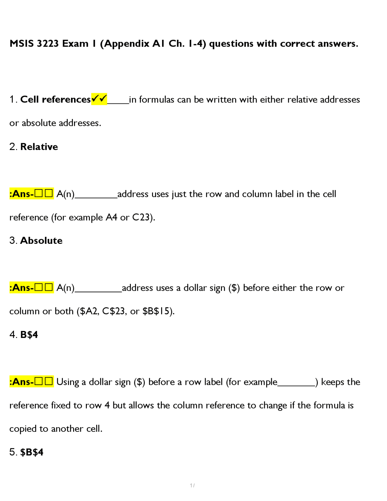 MSIS 3223 Exam 1 (Appendix A1 Ch. 1-4) questions with correct answers ...
