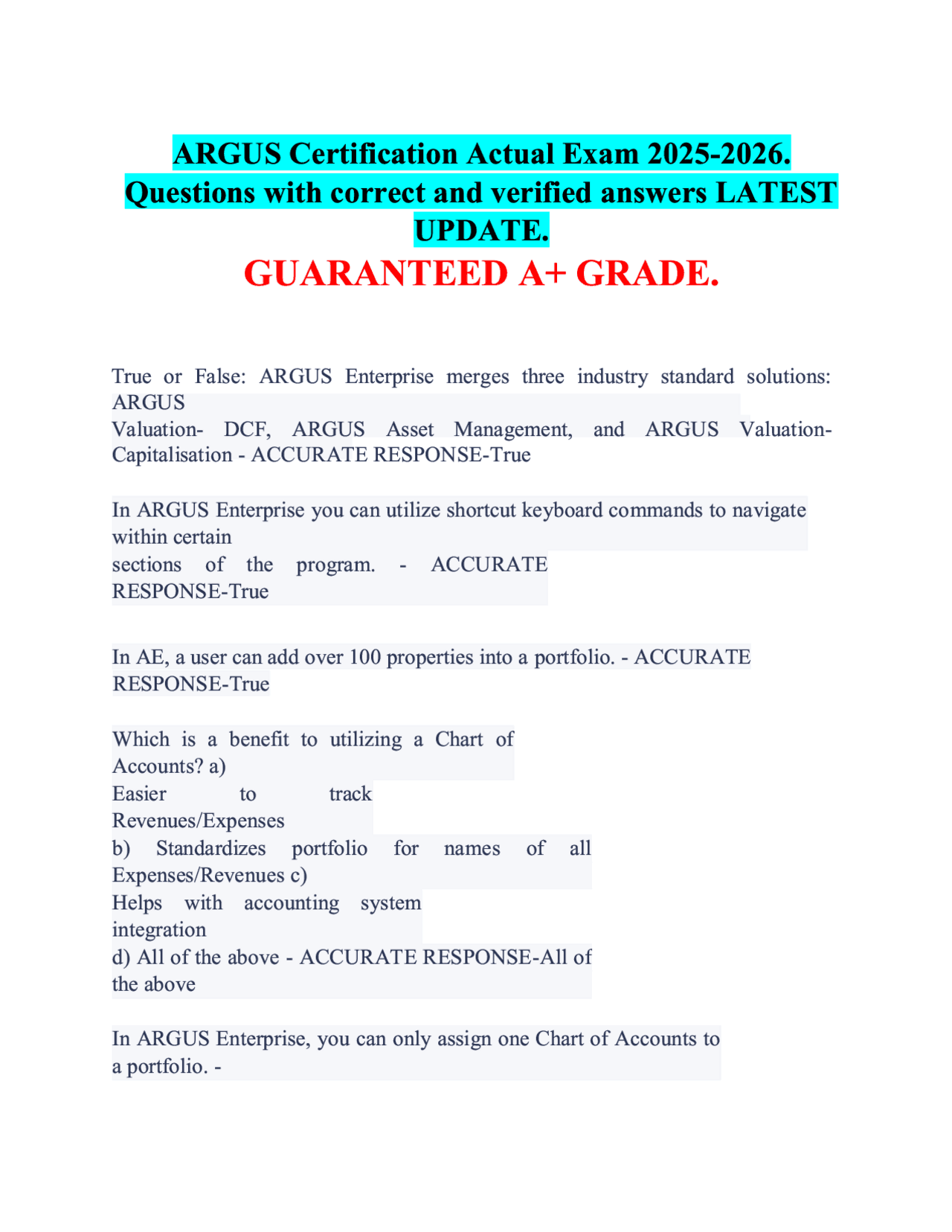 ARGUS Certification Actual Exam 2025-2026. Questions with correct answers | Exams Business ...
