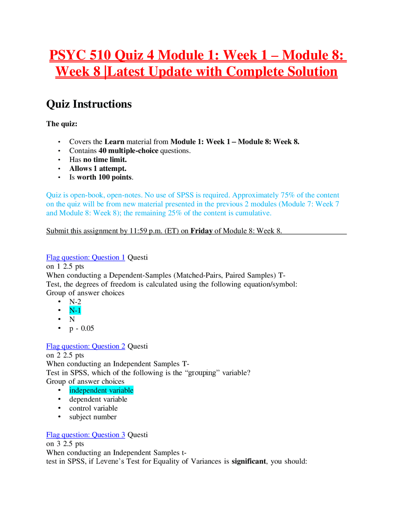 PSYC 510 Quiz 4 Module 1: Week 1 – Module 8: Week 8 |Latest Update with ...