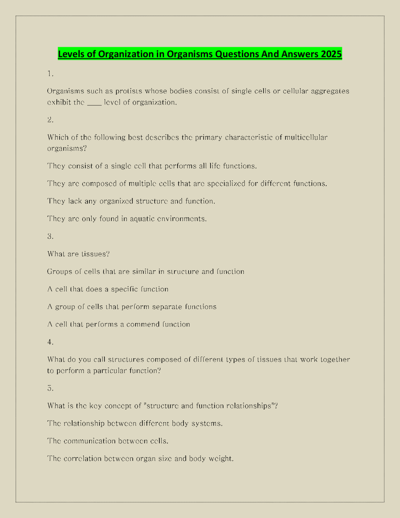 Levels of Organization in Organisms Questions And Answers 2025 | Exams ...