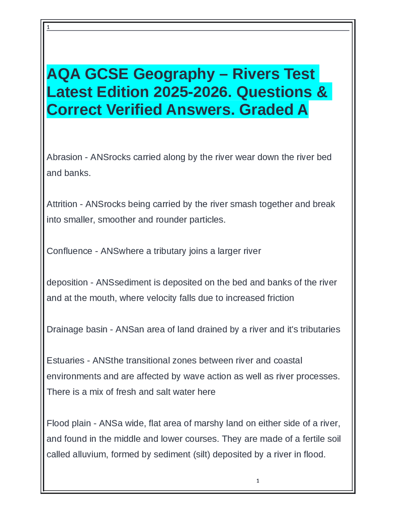 AQA GCSE Geography - Rivers Test: Questions and Answers | Exams ...