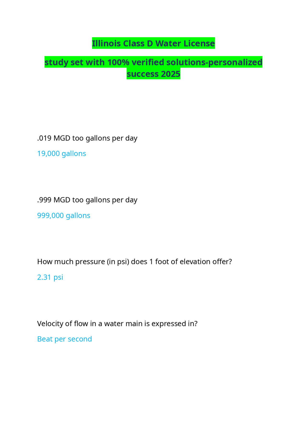 Illinois Class D Water License study set with 100% verified solutions ...