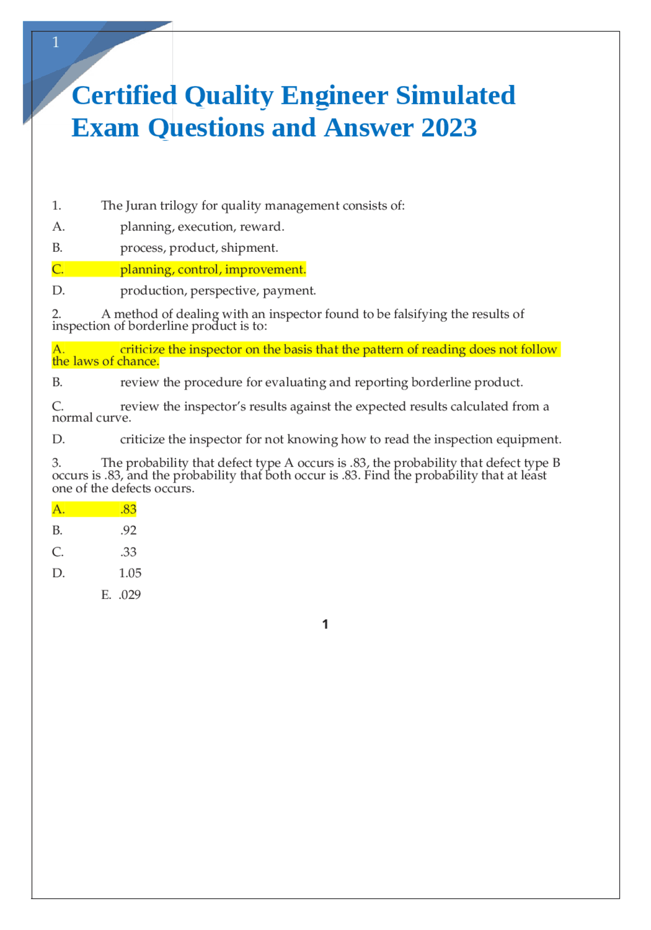 Certified Quality Engineer Simulated Exam Questions and Answers 2023 ...