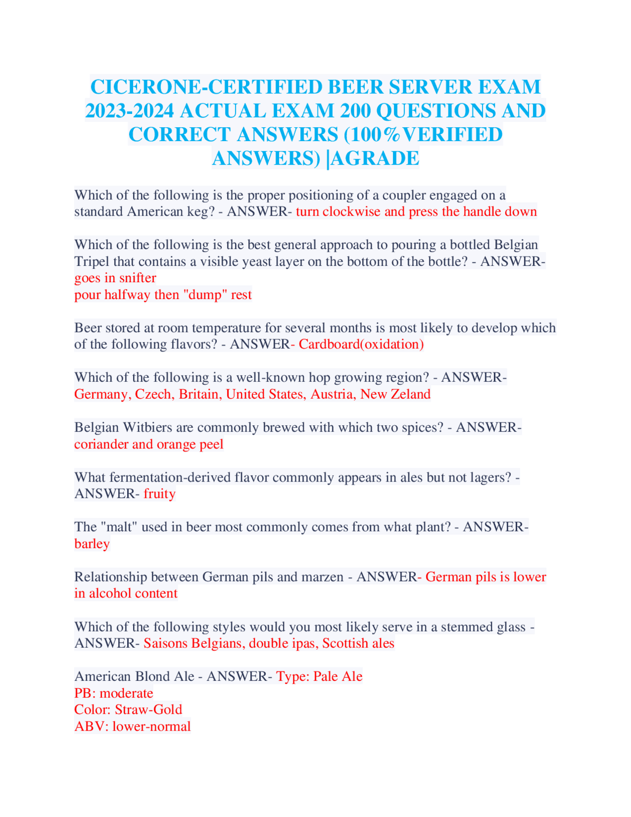 CICERONE-CERTIFIED BEER SERVER EXAM 2023-2024 ACTUAL EXAM 200 QUESTIONS ...