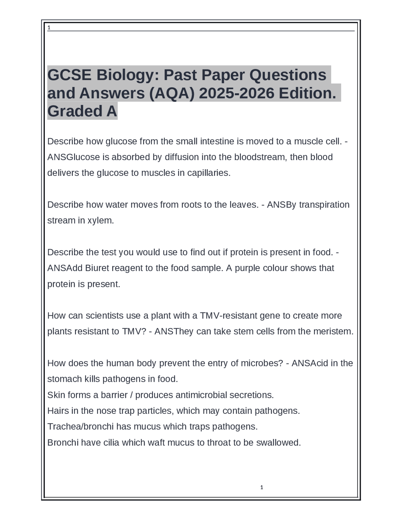 GCSE Biology Past Paper Questions and Answers (AQA) 2025-2026 Edition ...