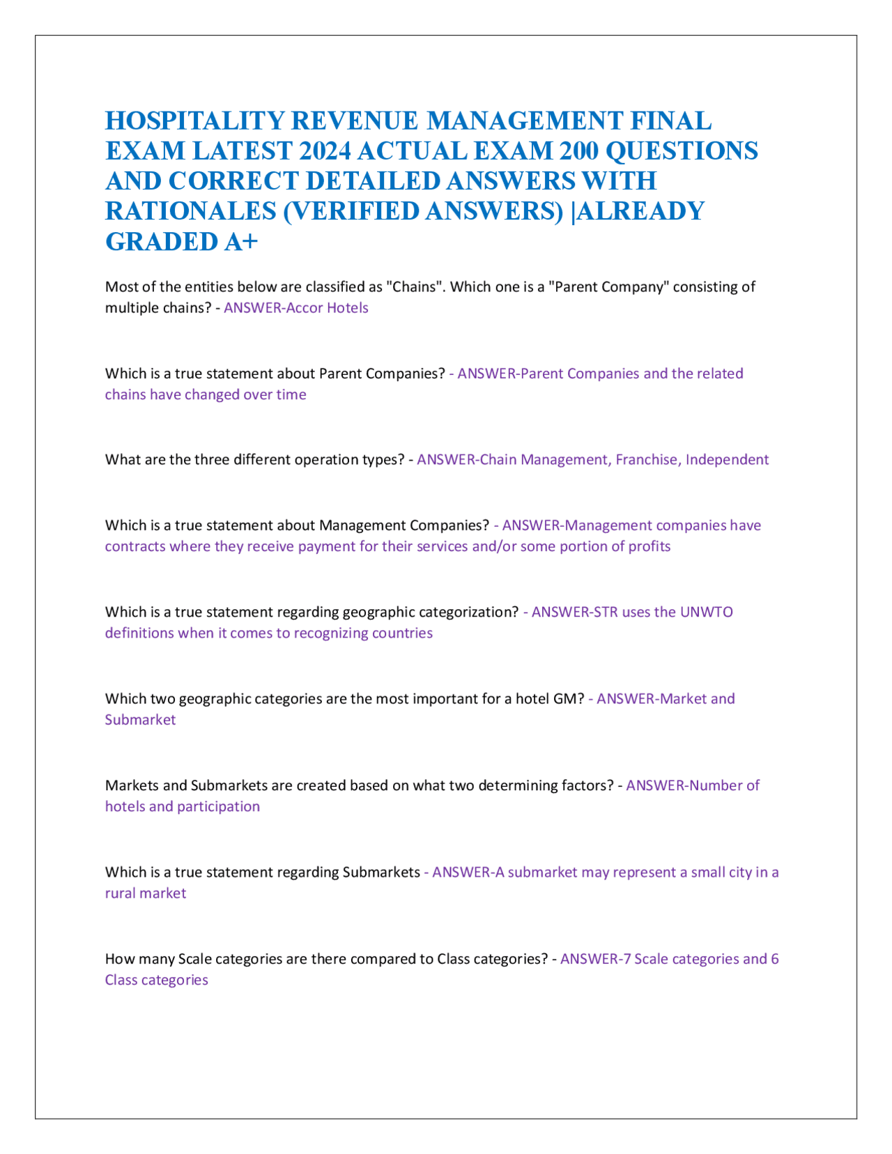 HOSPITALITY REVENUE MANAGEMENT FINAL EXAM LATEST 2024 ACTUAL EXAM 200 ...