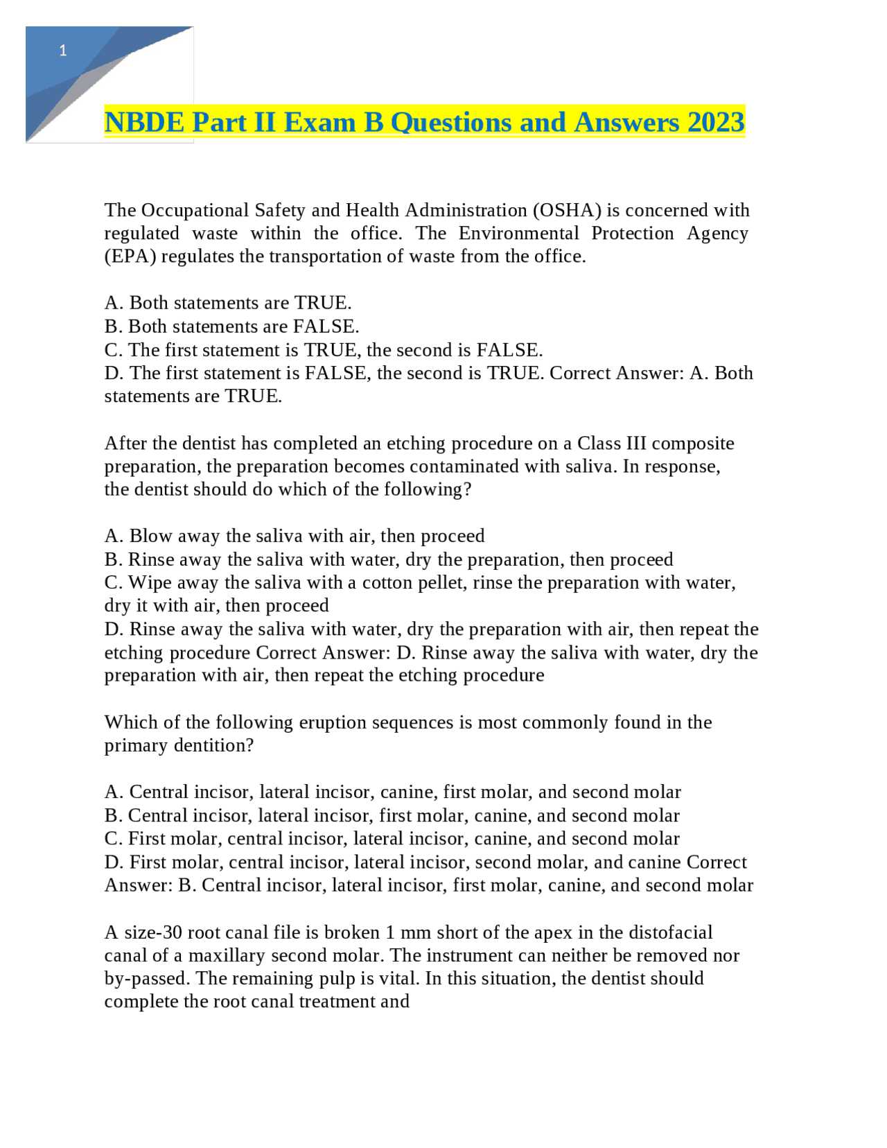 NBDE Part II Exam B Questions and Answers 2023: A Comprehensive Review ...