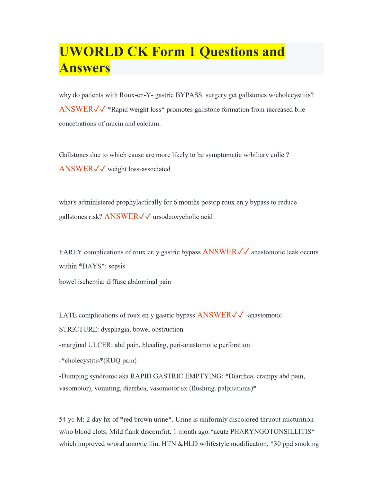 UWORLD CK Form 1 Questions and Answers | Exams Medicine | Docsity