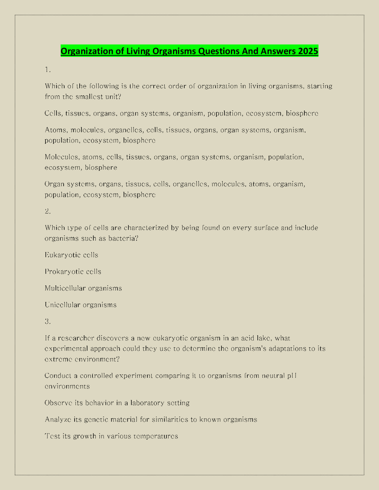 Organization of Living Organisms Questions And Answers 2025 | Exams ...