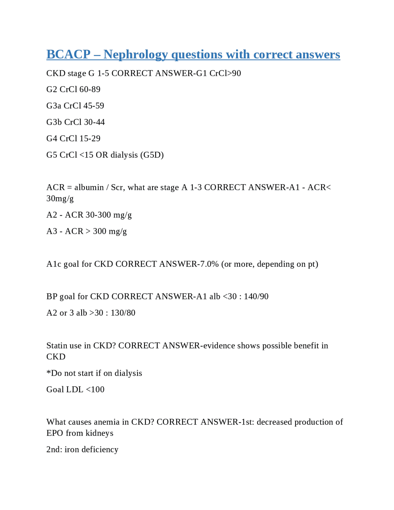 BCACP – Nephrology questions with correct answers | Exams Advanced ...