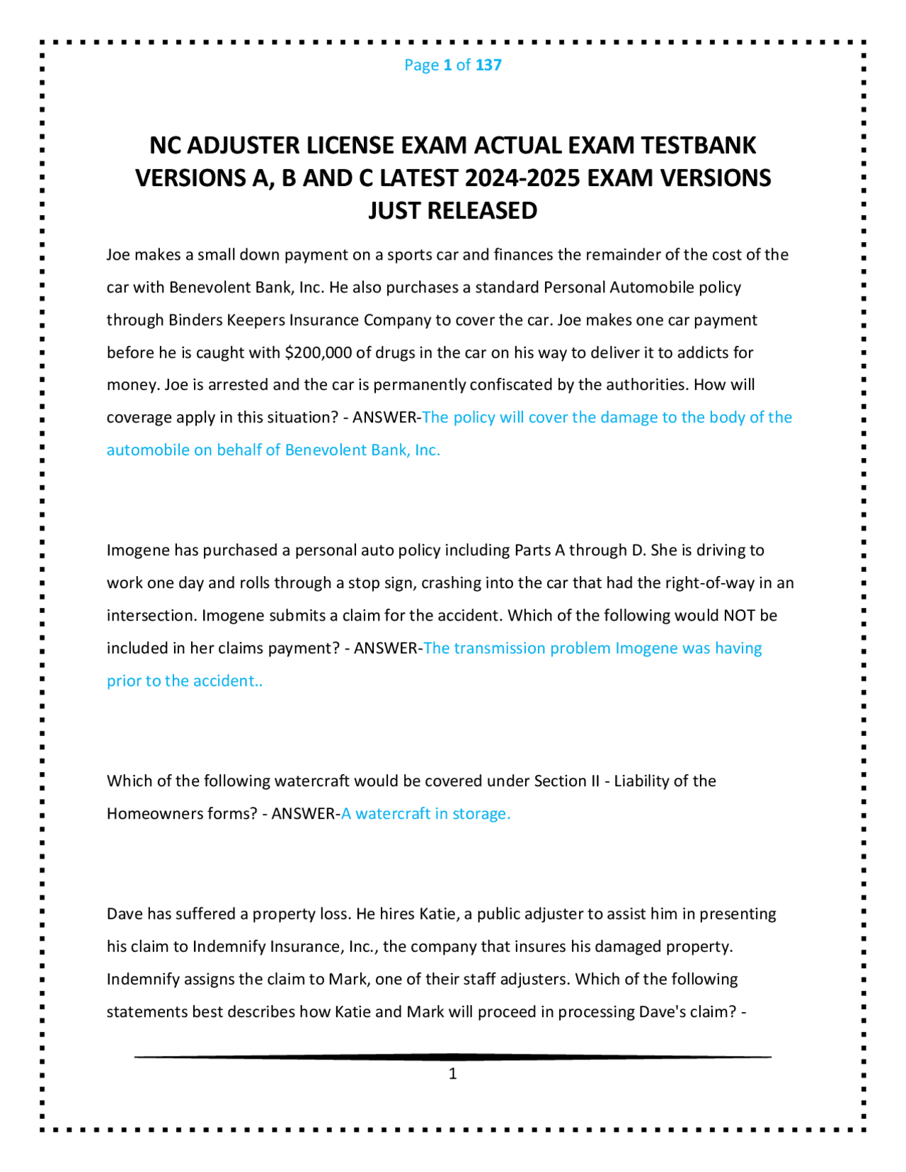 NC ADJUSTER LICENSE EXAM ACTUAL EXAM TESTBANK VERSIONS A, B AND C ...