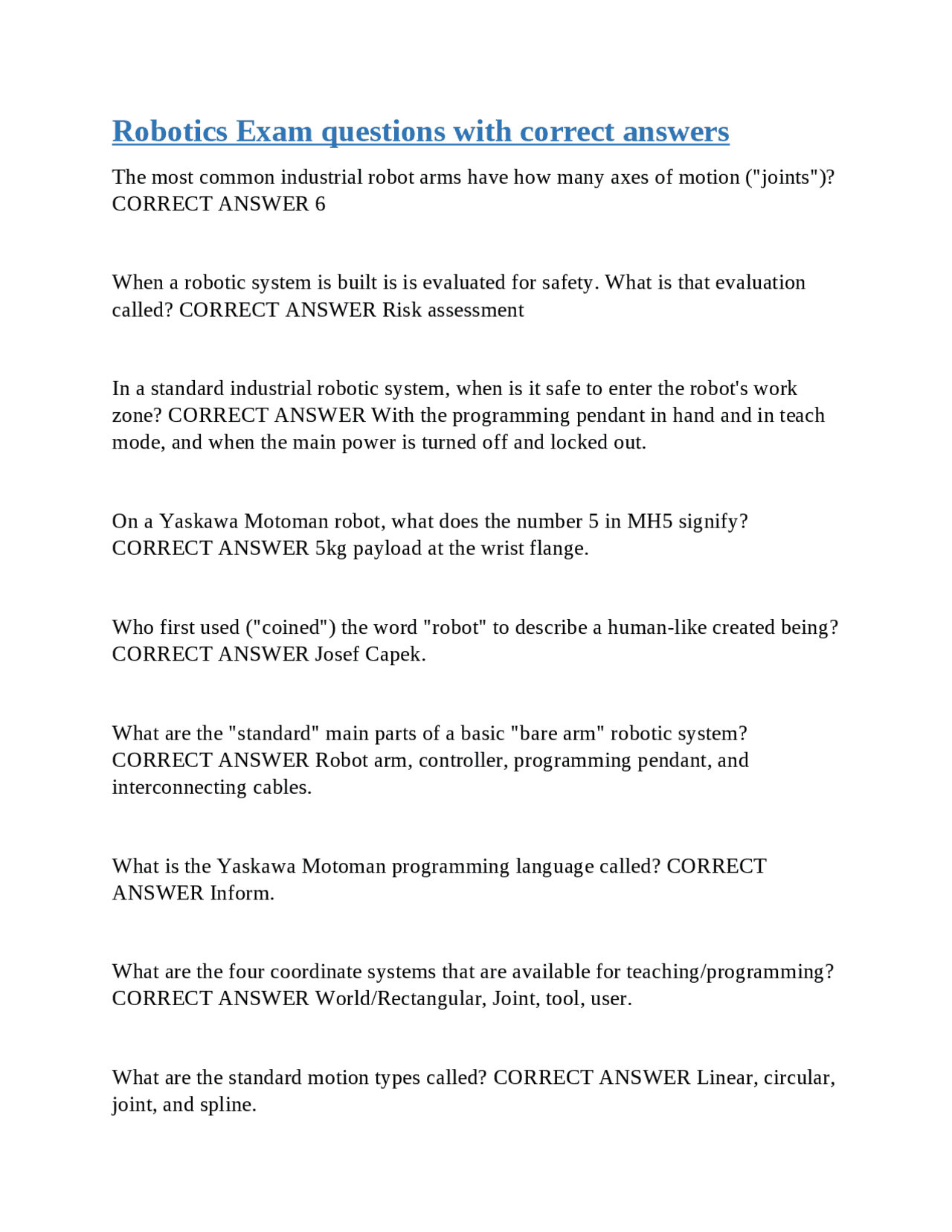 Robotics Exam questions with correct answers | Exams Robotics | Docsity