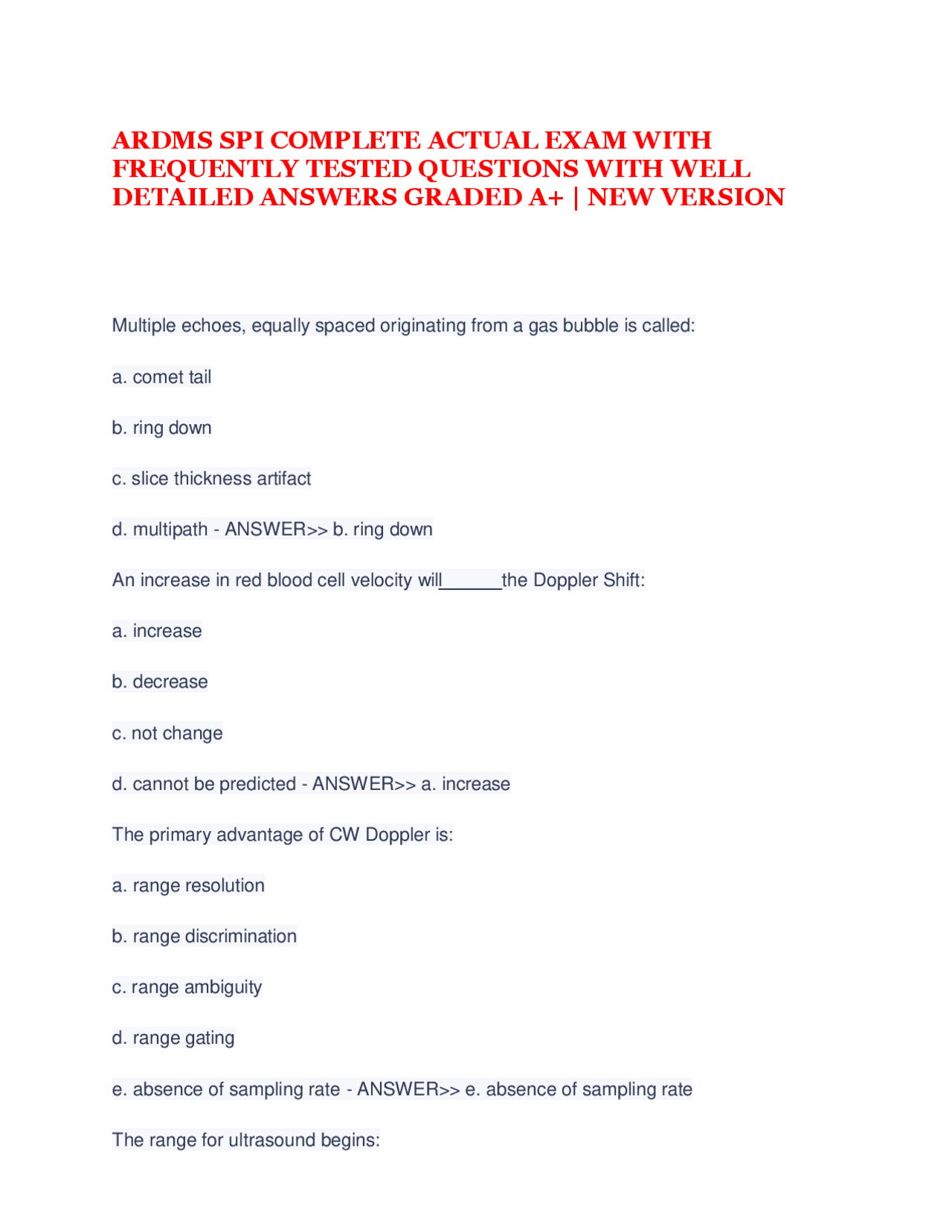 ARDMS SPI COMPLETE ACTUAL EXAM WITH FREQUENTLY TESTED QUESTIONS WITH ...