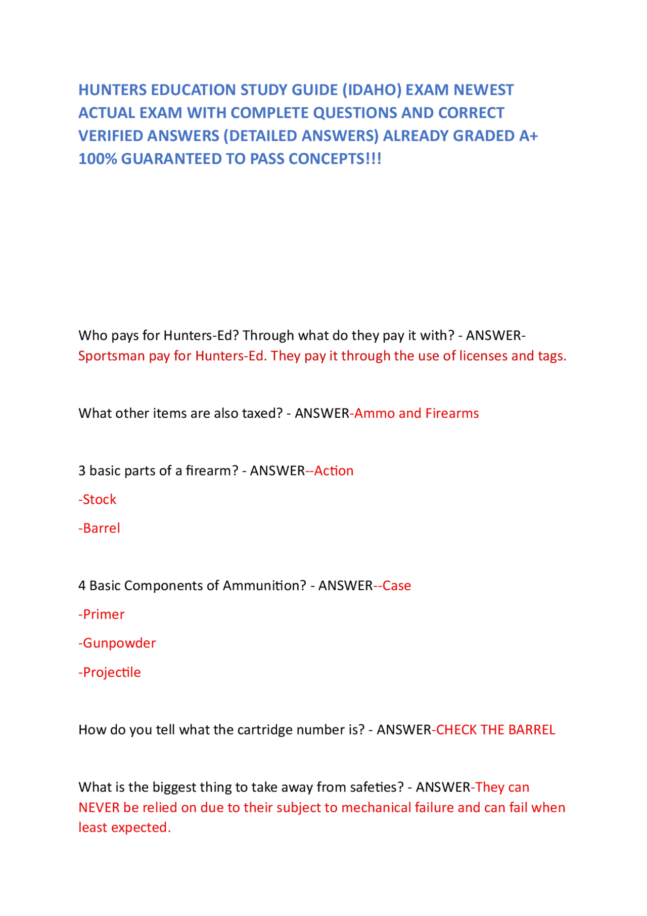 HUNTERS EDUCATION STUDY GUIDE (IDAHO) EXAM NEWEST ACTUAL EXAM WITH ...