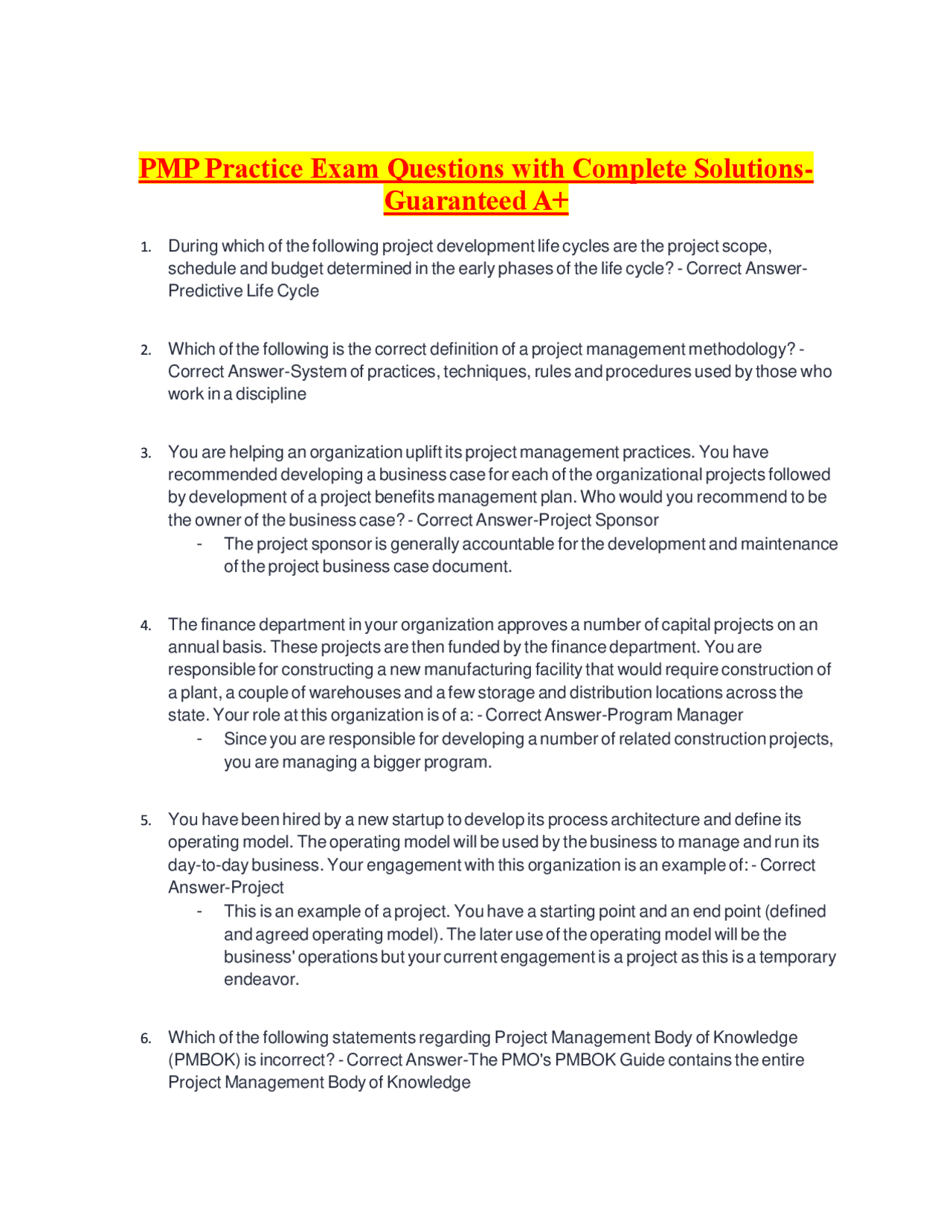 PMP Practice Exam Questions with Complete Solutions-Guaranteed A+ ...