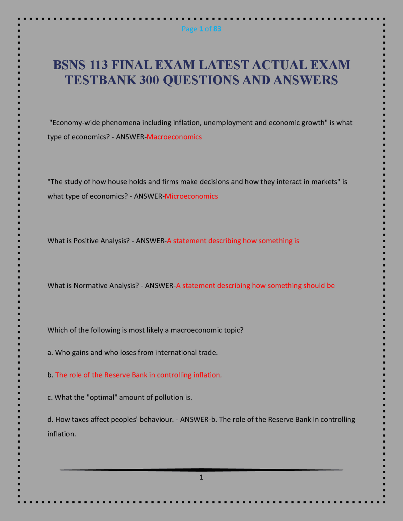 Bsns 113 Final Exam Latest Actual Exam Testbank 300 Questions And Answers Pdf Exams Nursing