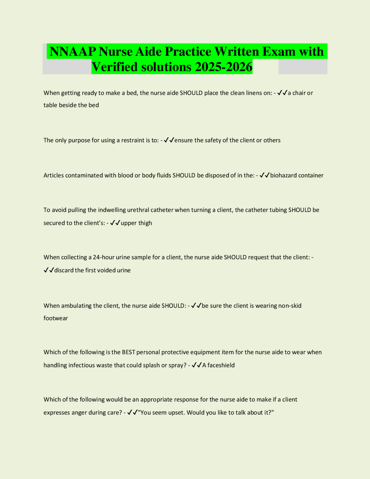 NNAAP Nurse Aide Practice Written Exam with Verified Solutions 2025 ...