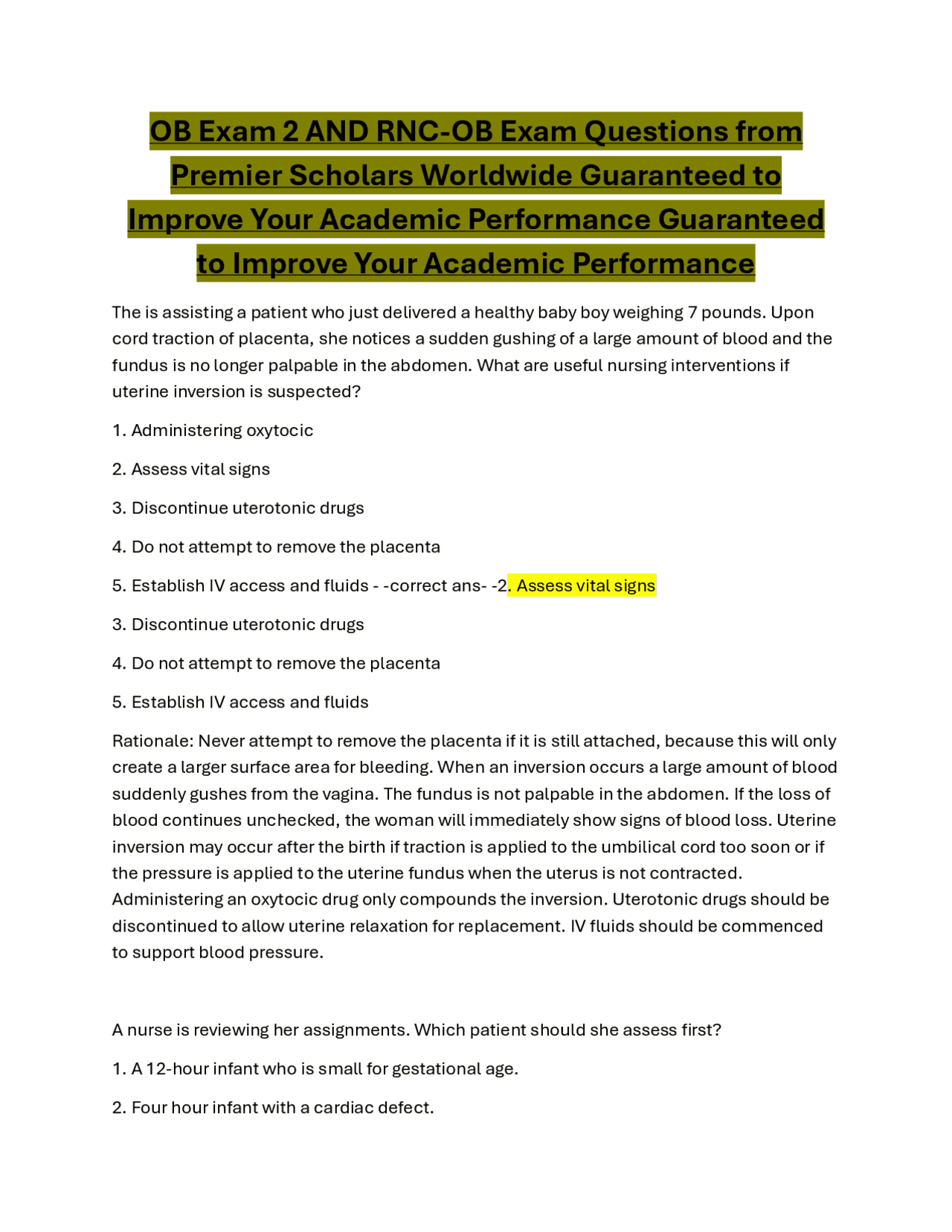 OB Exam 2 and RNC-OB Exam Questions: A Comprehensive Guide for Nursing ...