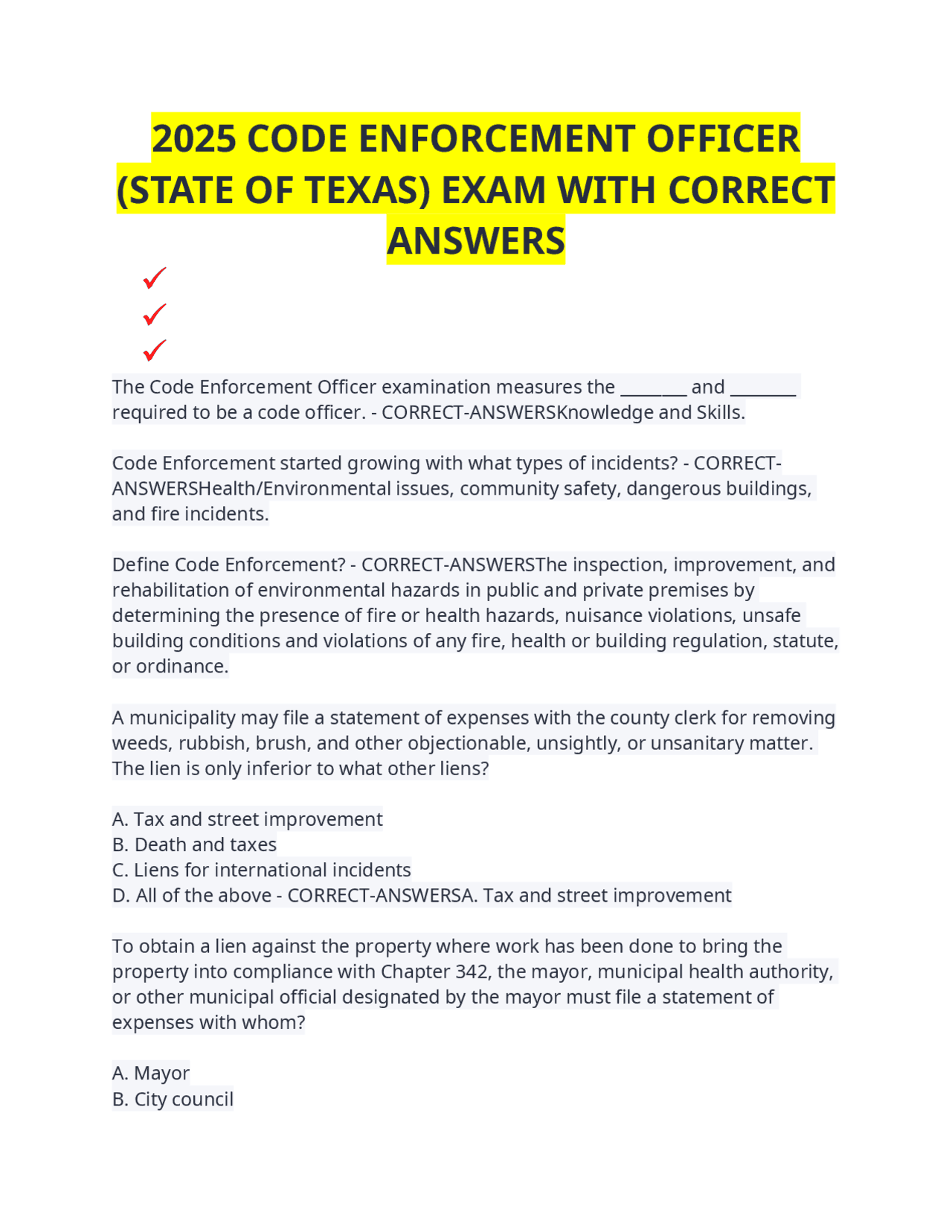 Code Enforcement Officer Exam: Texas State Exam with Correct Answers ...