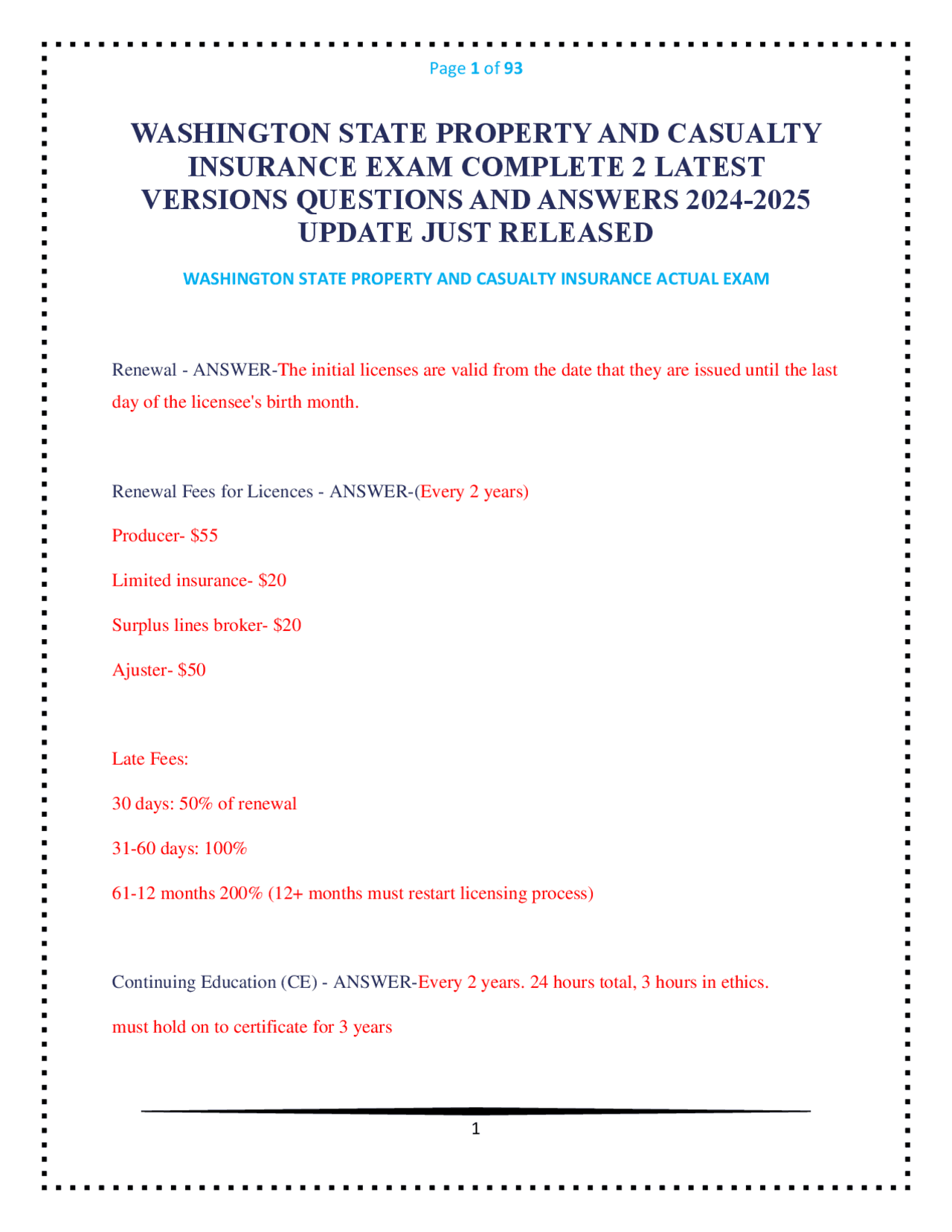 WASHINGTON STATE PROPERTY AND CASUALTY INSURANCE EXAM COMPLETE 2 LATEST ...