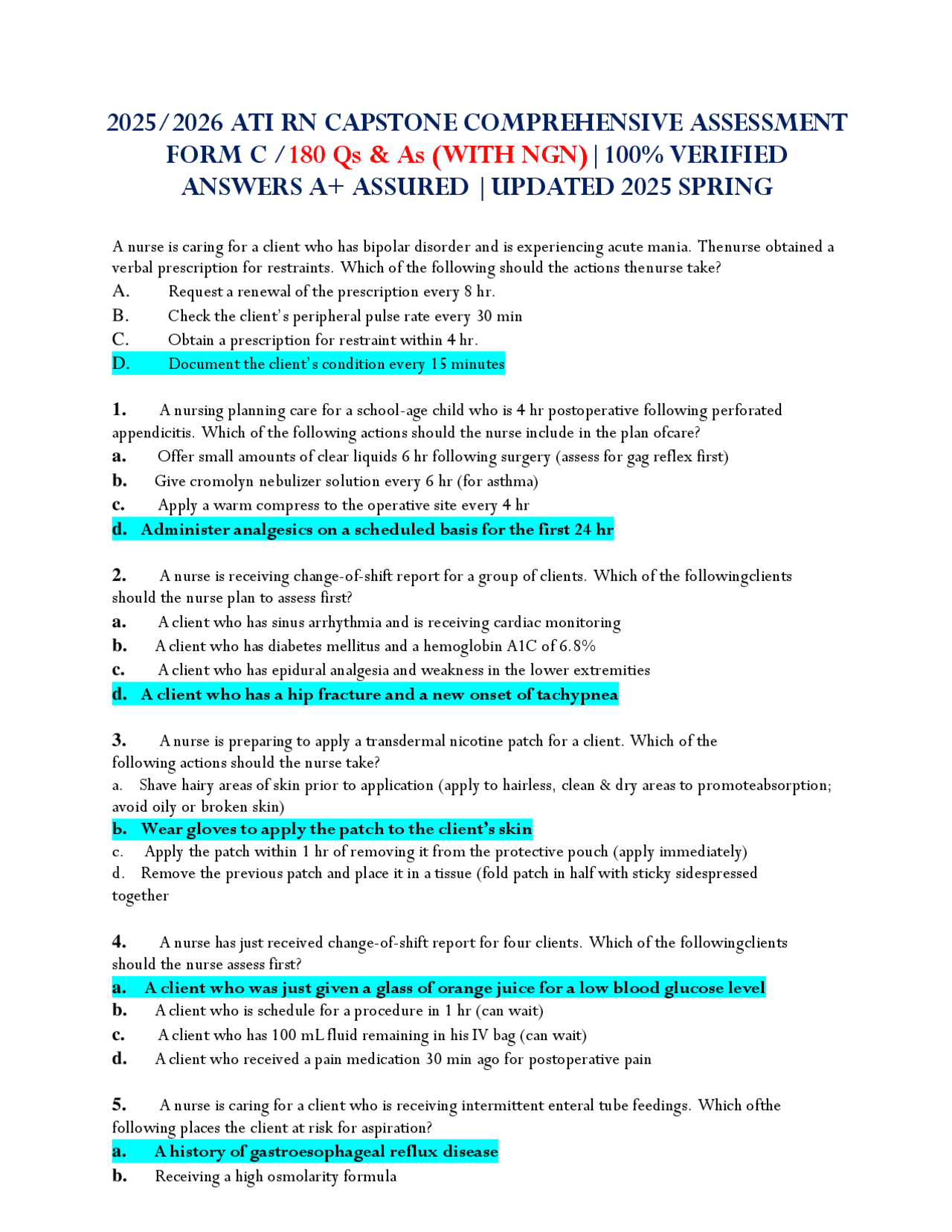 2025/2026 ATI RN CAPSTONE COMPREHENSIVE ASSESSMENT FORM C |180 Qs&As ...