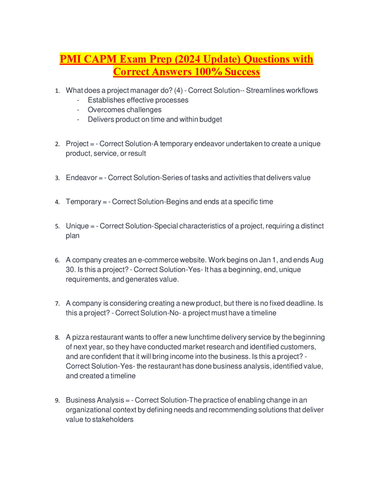 PMI CAPM Exam Prep (2024 Update) Questions and Answers | Exams Human ...