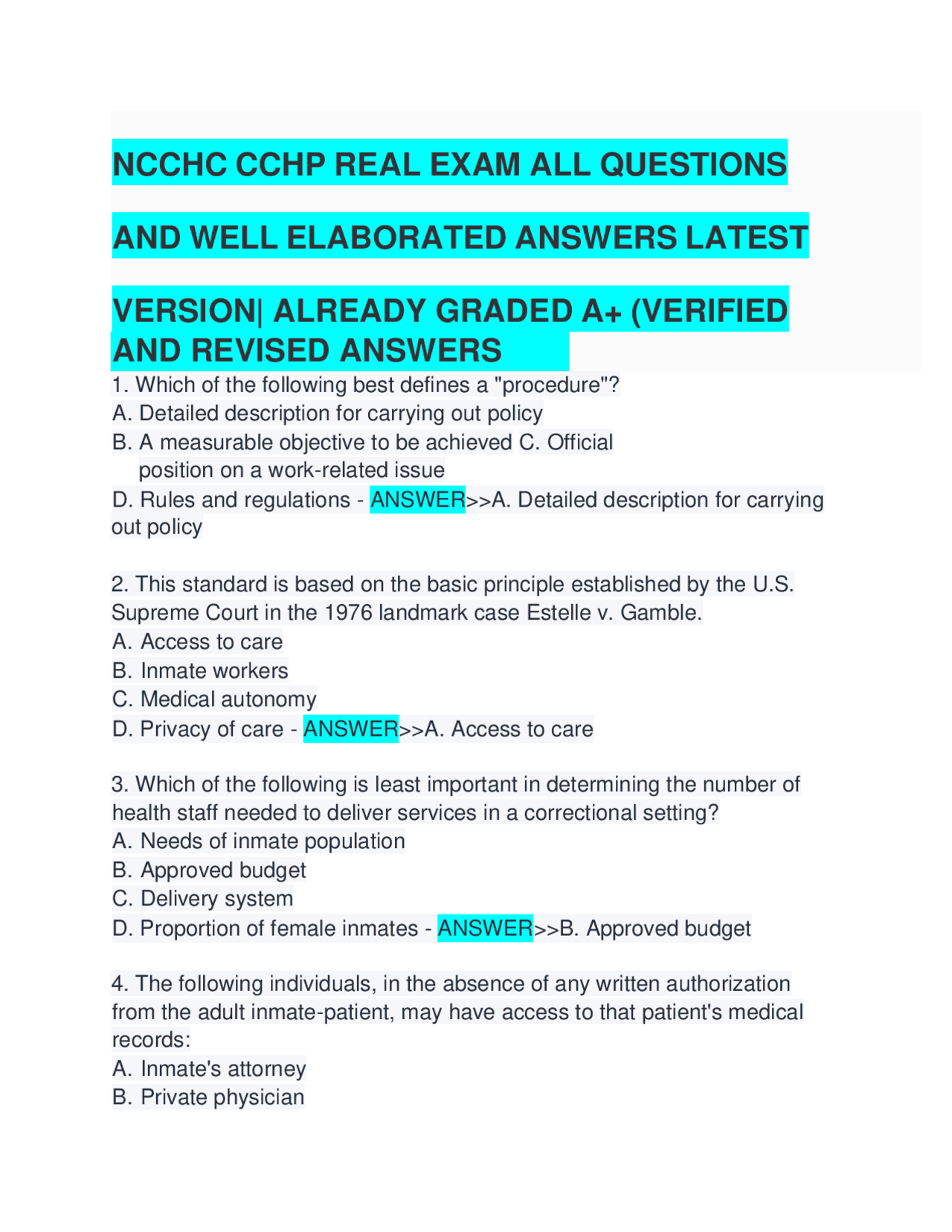 NCCHC CCHP REAL EXAM ALL QUESTIONS AND WELL ELABORATED ANSWERS LATEST ...