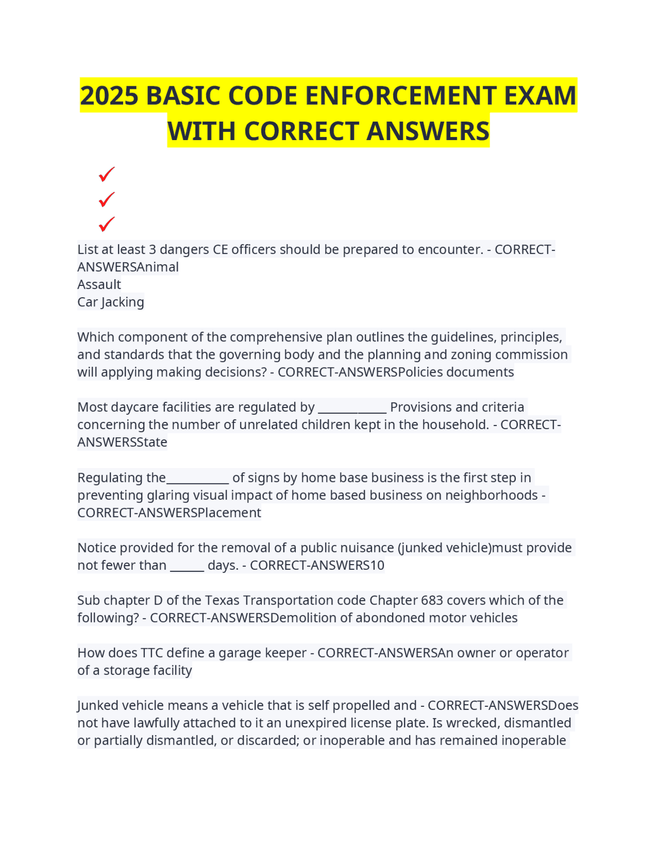 2025 Basic Code Enforcement Exam with Correct Answers | Exams Advanced ...