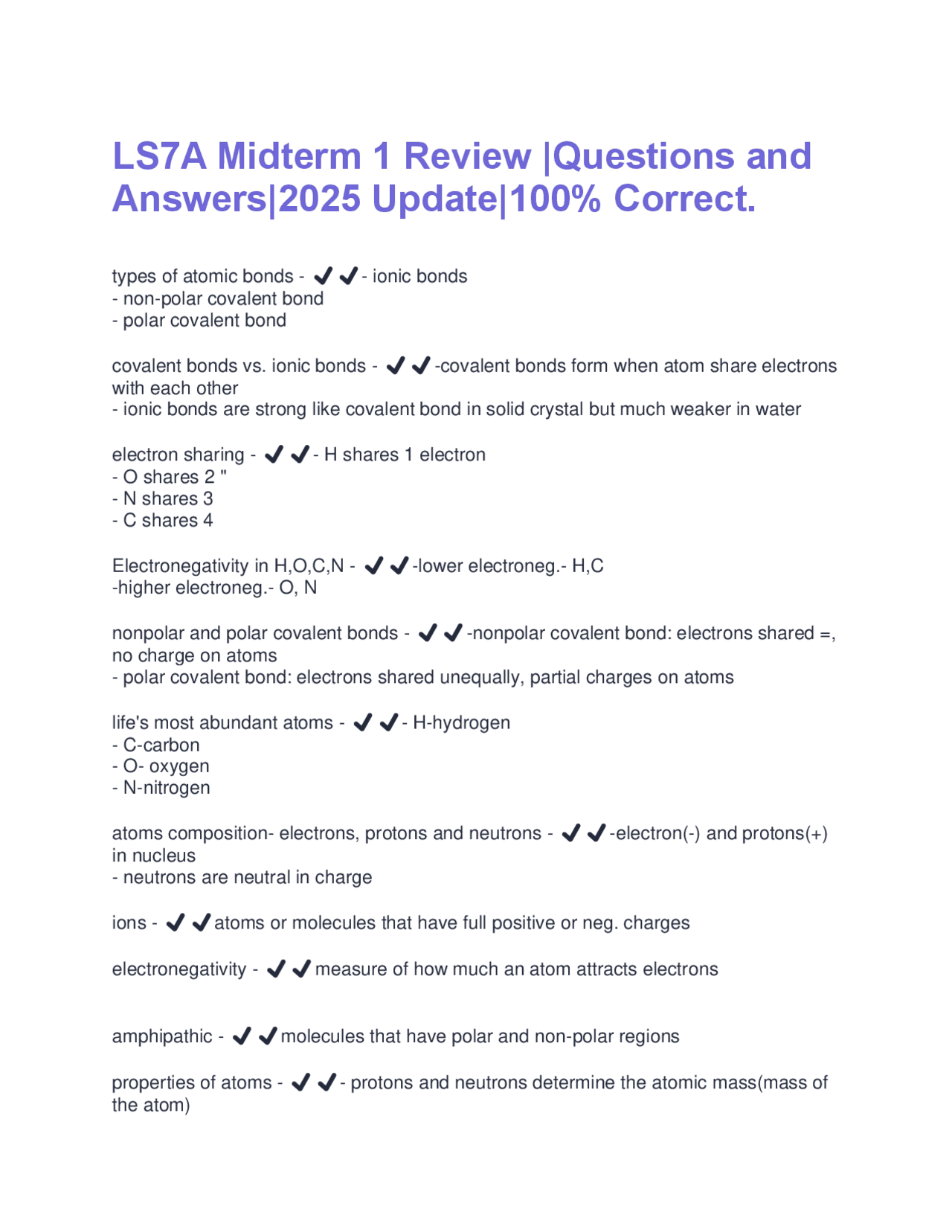 LS7A Midterm 1 Review |Questions and Answers|2025 Update|100% Correct ...