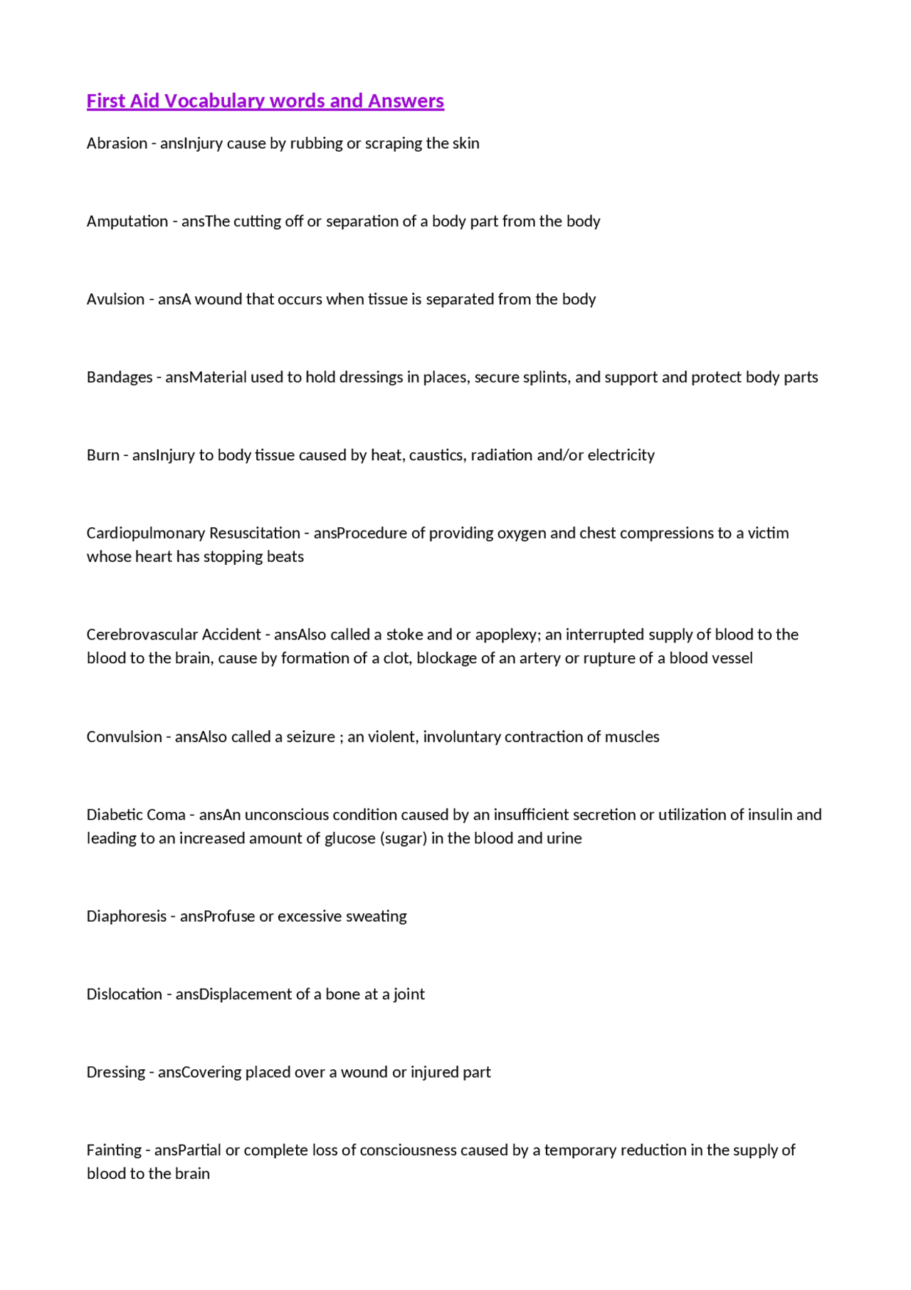 First Aid Vocabulary: Definitions and Explanations | Exercises ...