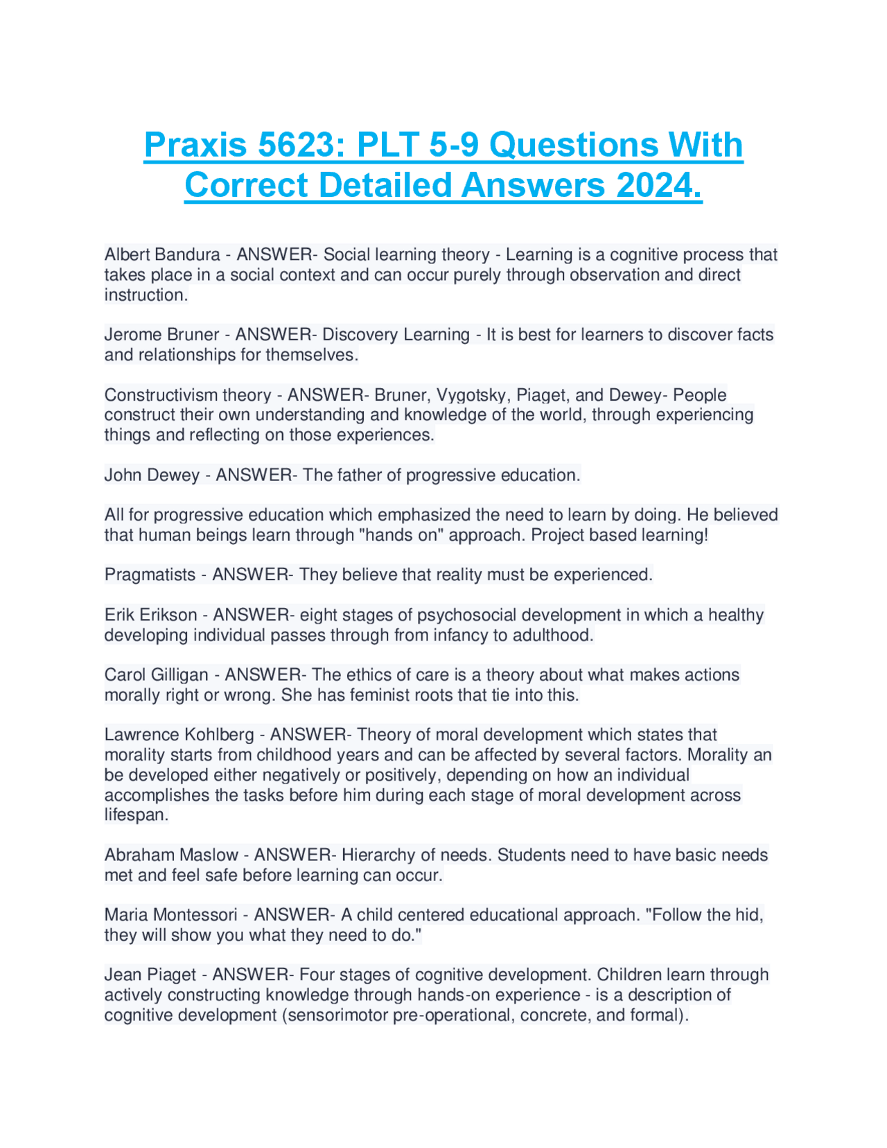 Praxis 5623: PLT 5-9 Questions and Answers 2024 | Exams Nursing | Docsity
