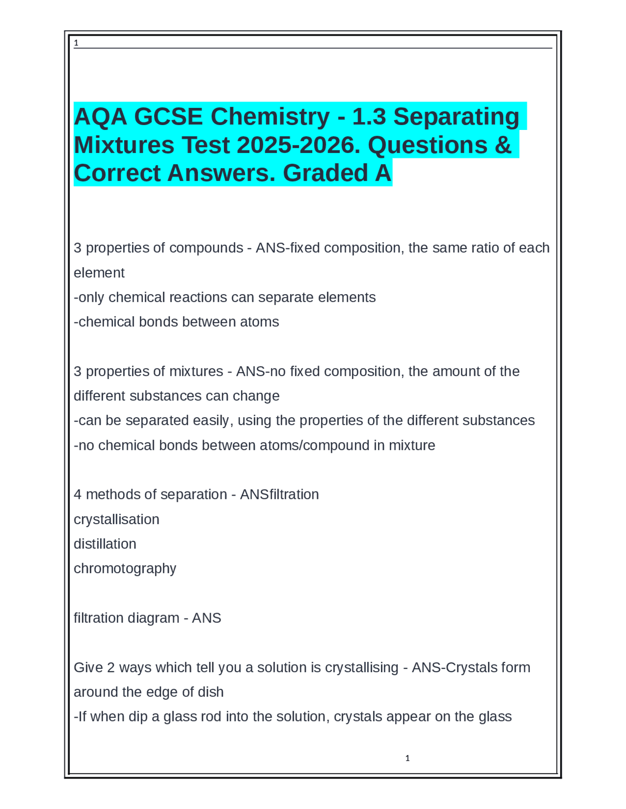 AQA GCSE Chemistry - 1.3 Separating Mixtures Test 2025-2026: Questions ...