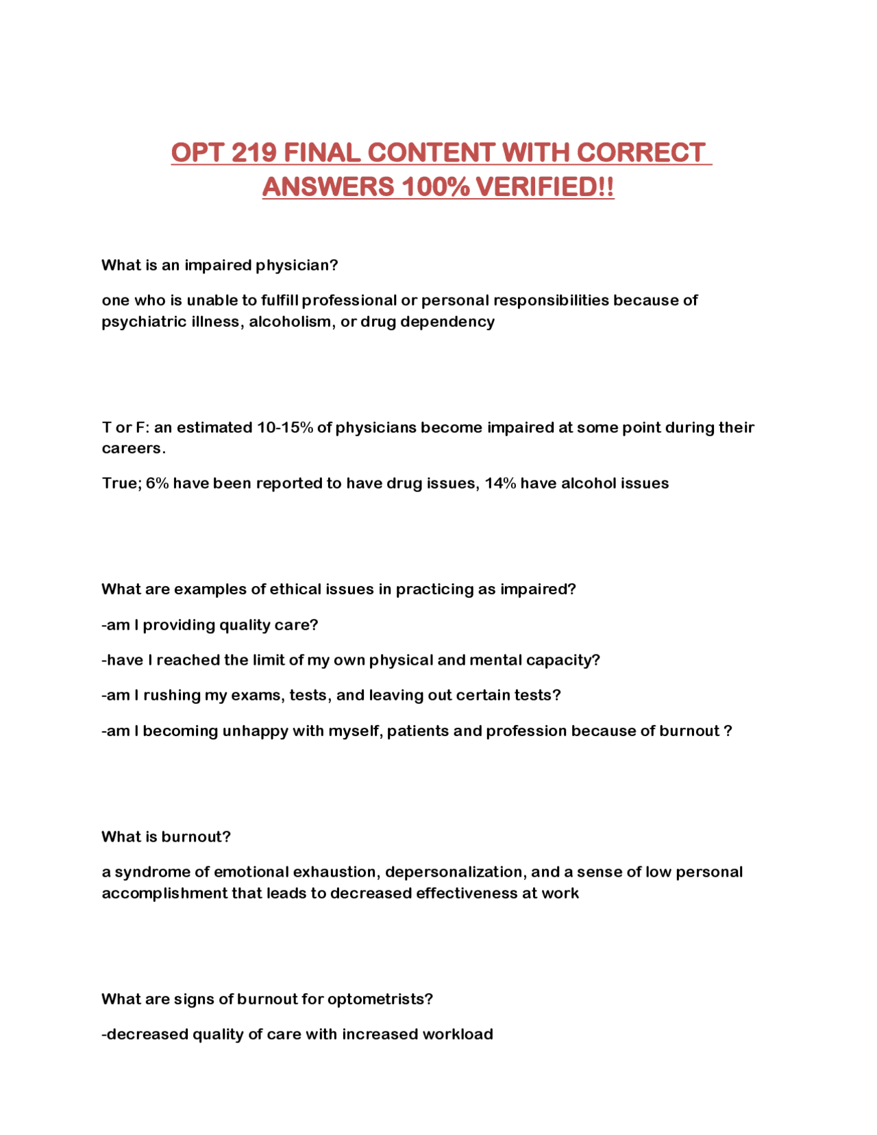 OPT 219 FINAL CONTENT WITH CORRECT ANSWERS 100% VERIFIED!! | Exams ...