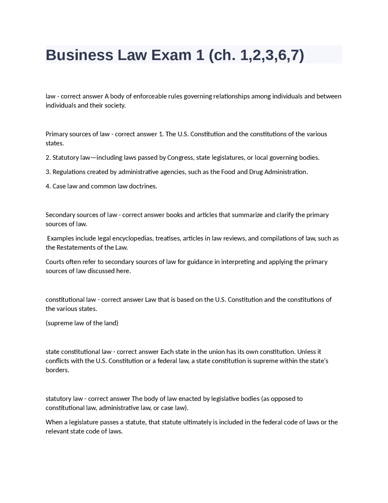 Business Law Exam 1 Questions with complete solution | Exams Law | Docsity