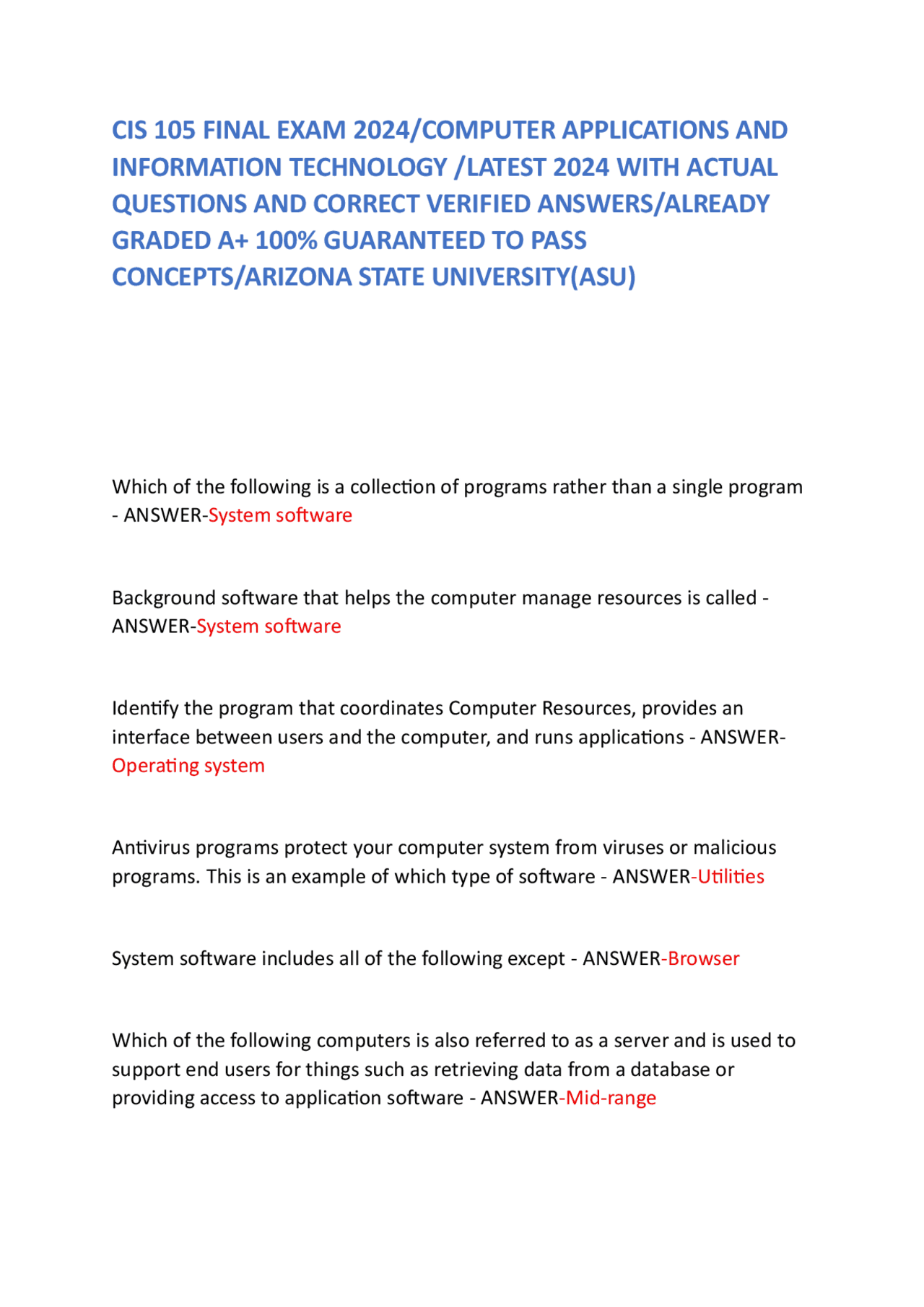 CIS 105 FINAL EXAM 2024/COMPUTER APPLICATIONS AND INFORMATION ...