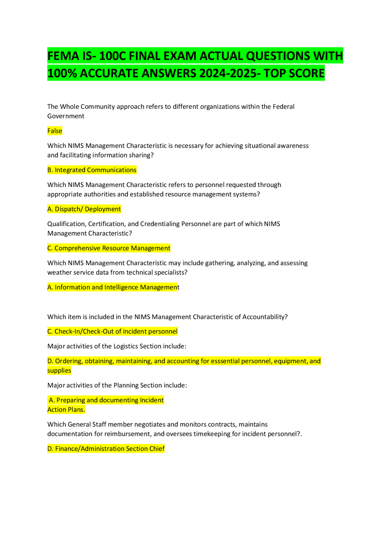 FEMA IS- 100C FINAL EXAM ACTUAL QUESTIONS WITH 100% ACCURATE ANSWERS ...